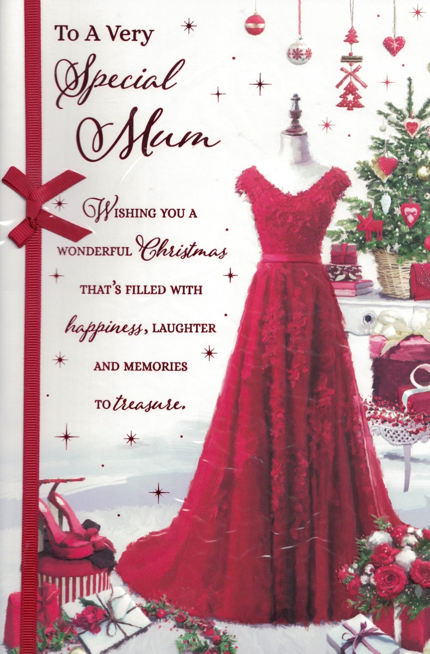 Extra large mum christmas card. Red ribbon and bow. 8 page insert. 12 x ...