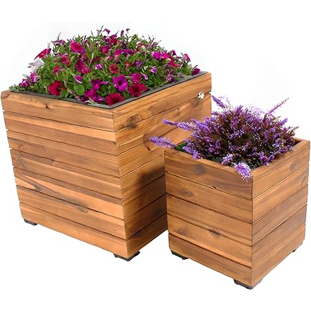 Amazon.com : Sunnydaze Indoor/Outdoor Wooden Planter Boxes - 2 Acacia ...