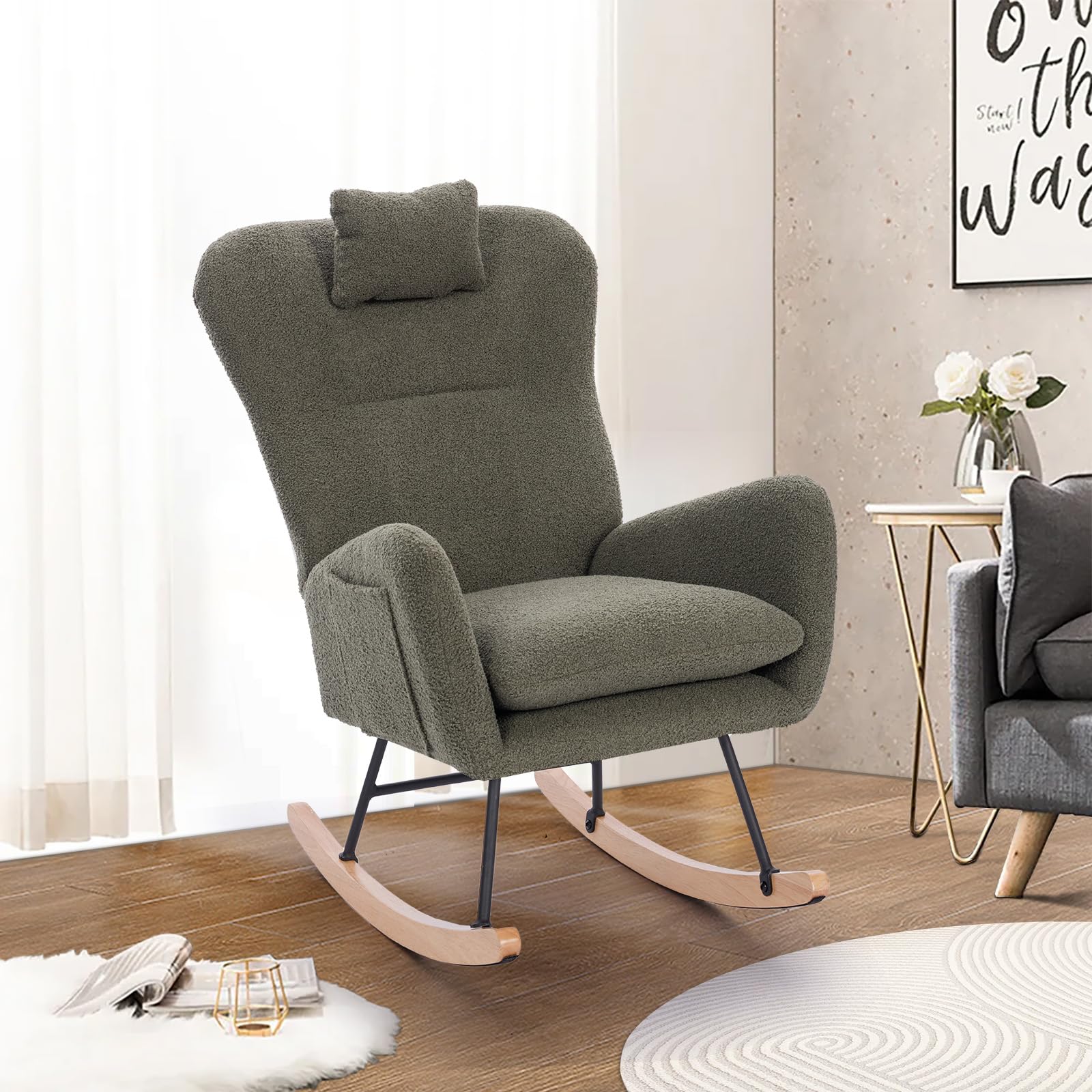 Unovivy Rocking Chair Nursery, Teddy Upholstered Nursing Armchair with ...