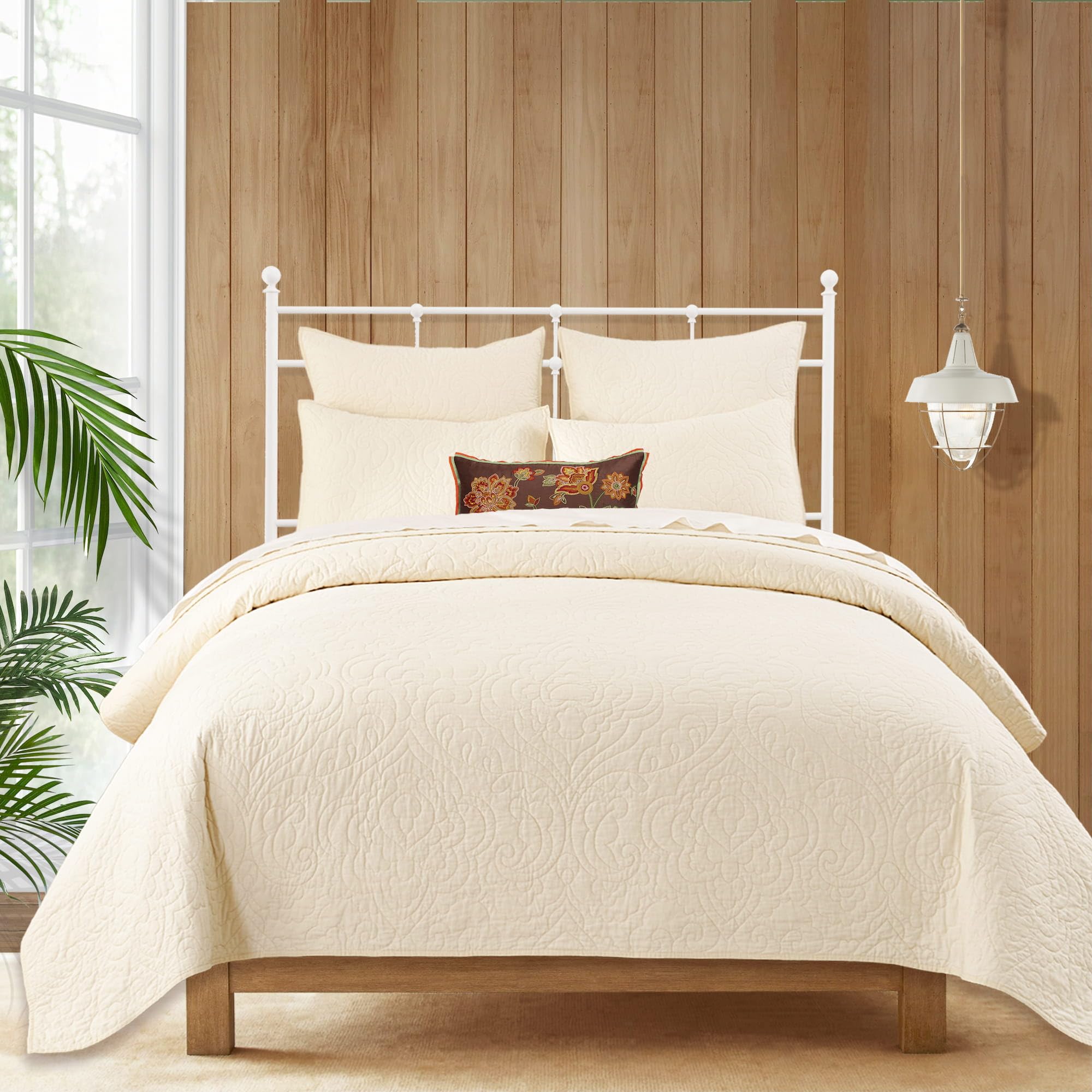 Amazon.com: Querencia 100% Cotton Quilt Queen Size - Cream Quilt Set ...