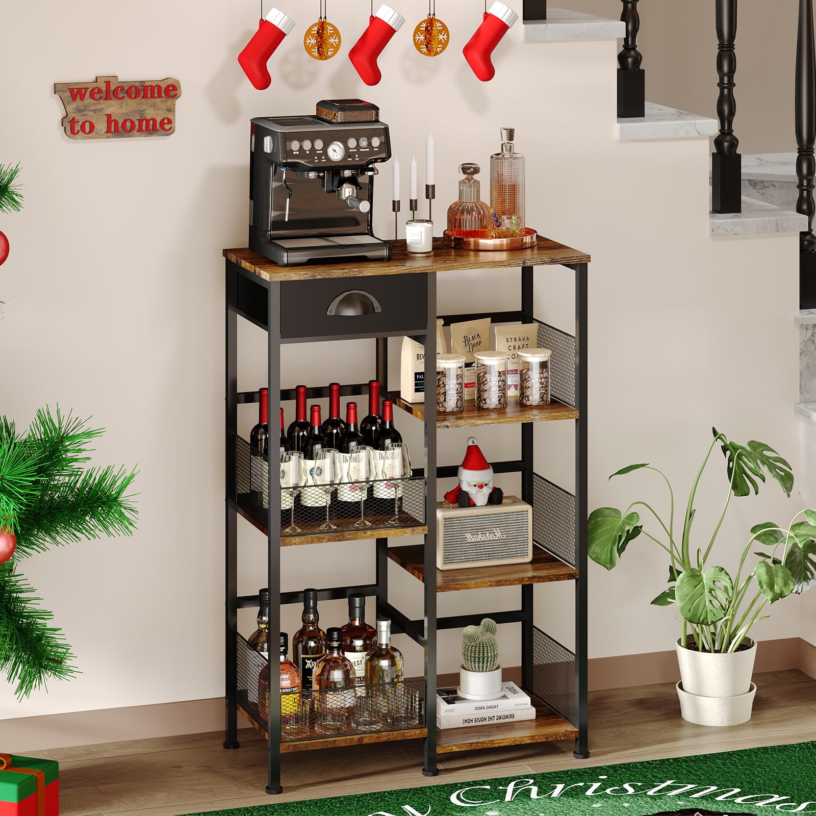 X-cosrack Farmhouse Coffee Bar with Storage, 5-Layer Staggered Coffee ...