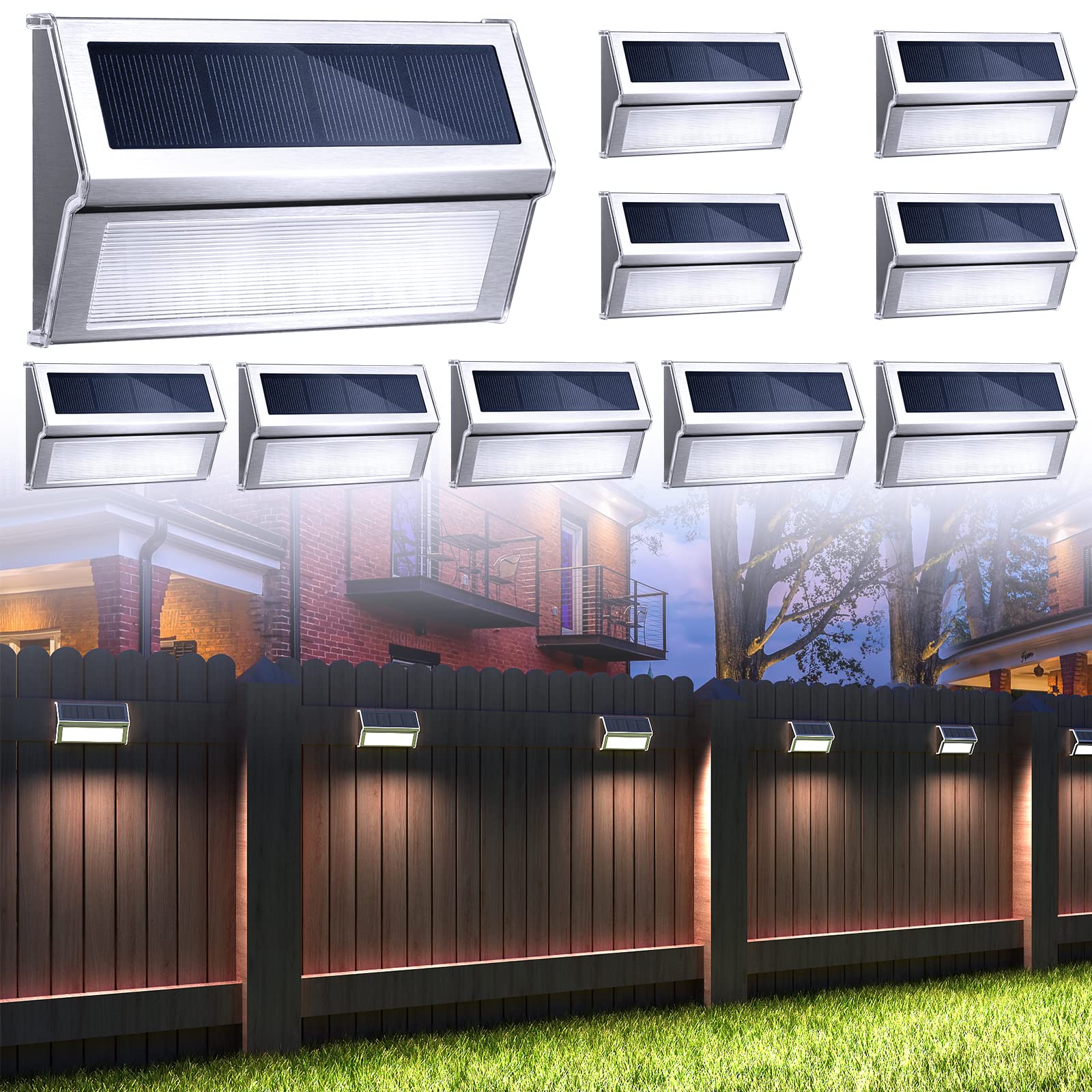 ROSHWEY Solar Fence Lights, Deck Lights Outdoor Waterproof with 9 LED ...