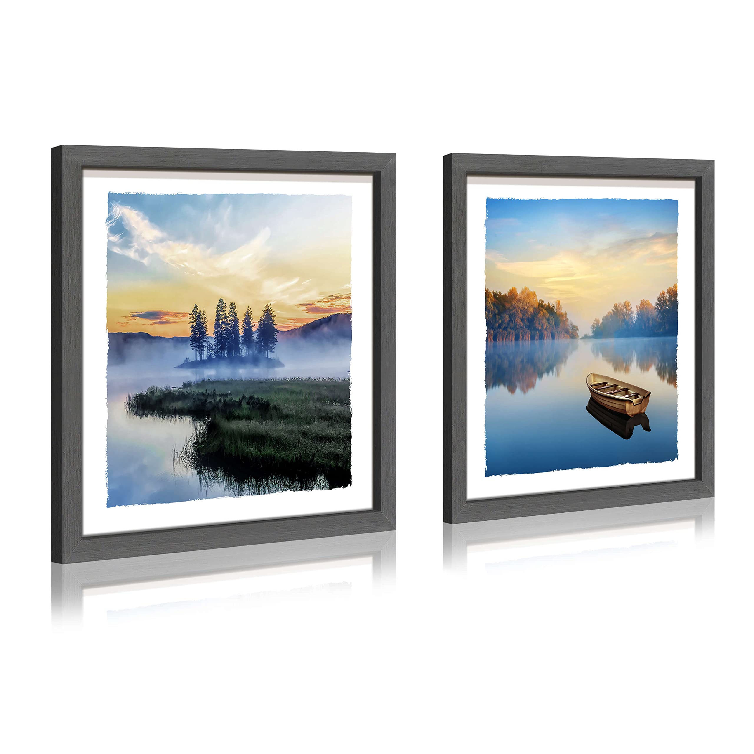 Amazon.com: Lake Landscape Framed Wall Art: Modern Wilderness Boat Tree ...
