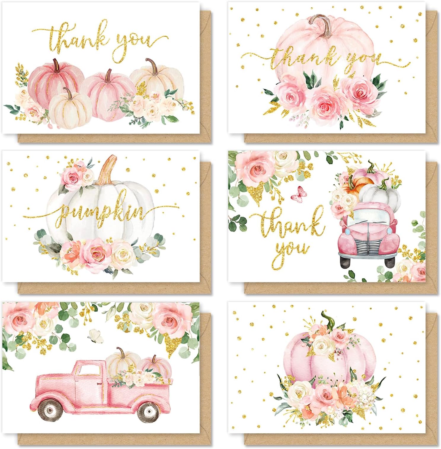 Amazon.com : Whaline 36 Pack Fall Gold Foil Thank You Cards Pink Floral ...