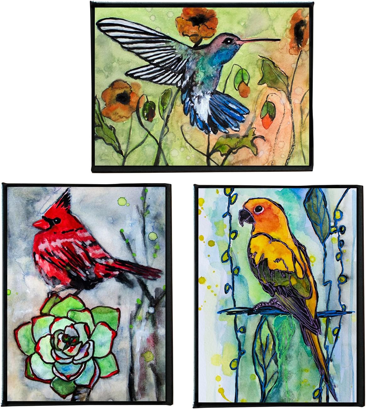 Amazon.com: 3 Small Bird Paintings on Canvas, Cardinal, Hummingbird ...