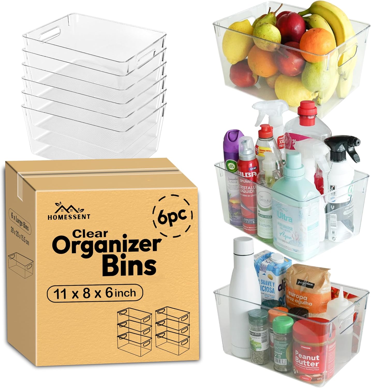Amazon.com: Homessent Clear Storage Bins - 6 Pcs Pantry Organizers With ...