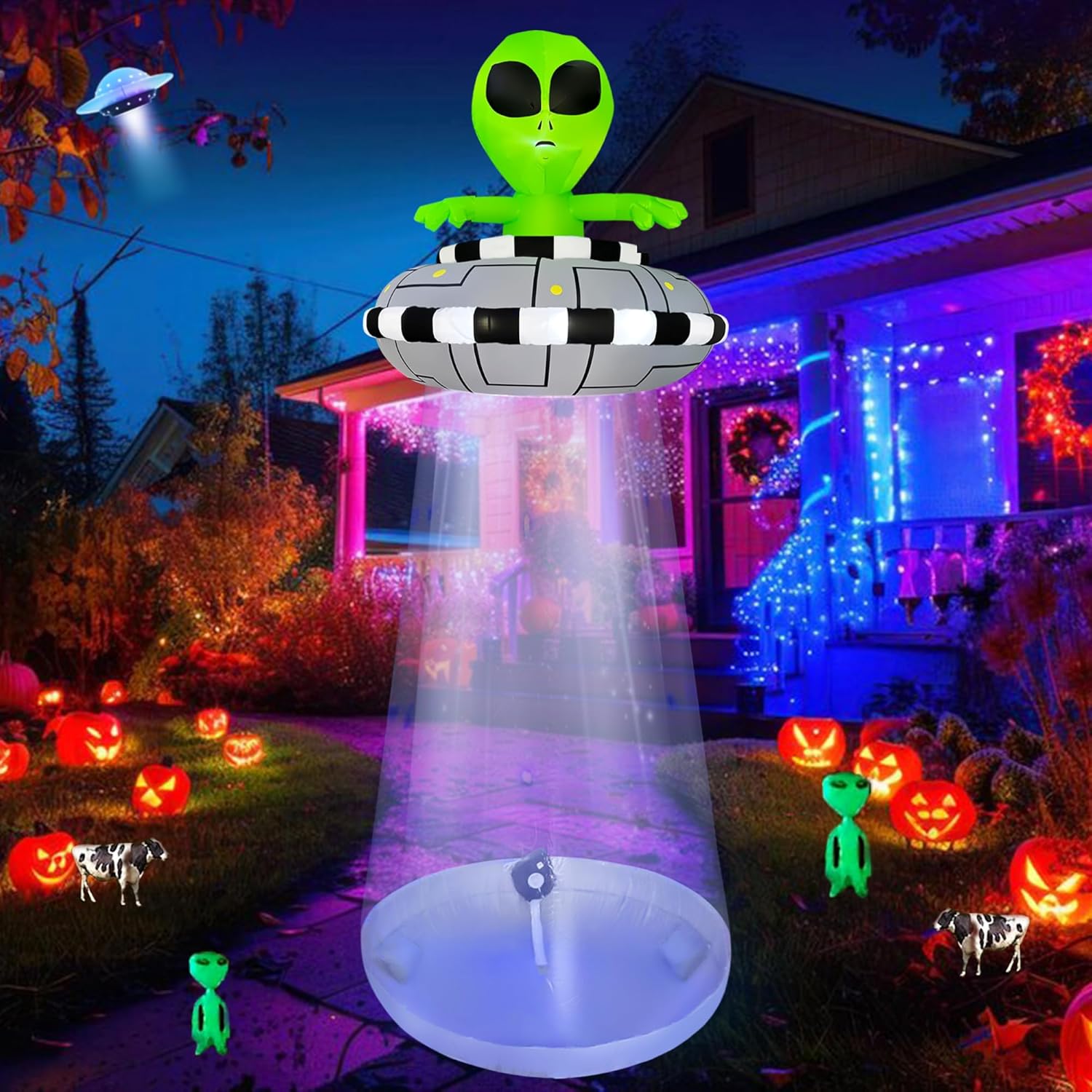 SEASONBLOW 8 Ft Halloween Inflatable UFO Yard Decoration, LED Light Up Giant Blow Up Alien on ...