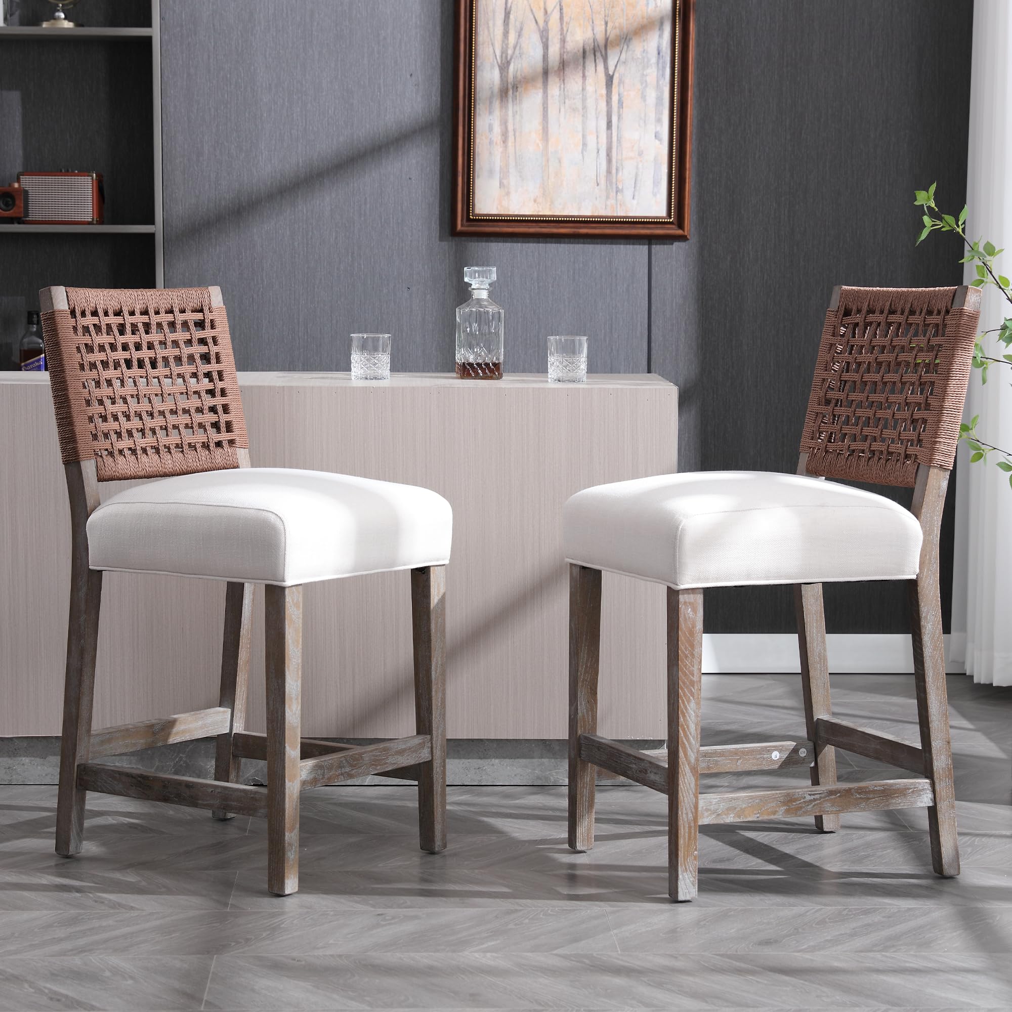 Amazon.com: LZAREAL Woven Rope Back Bar Stools Set of 2 Armless Counter ...