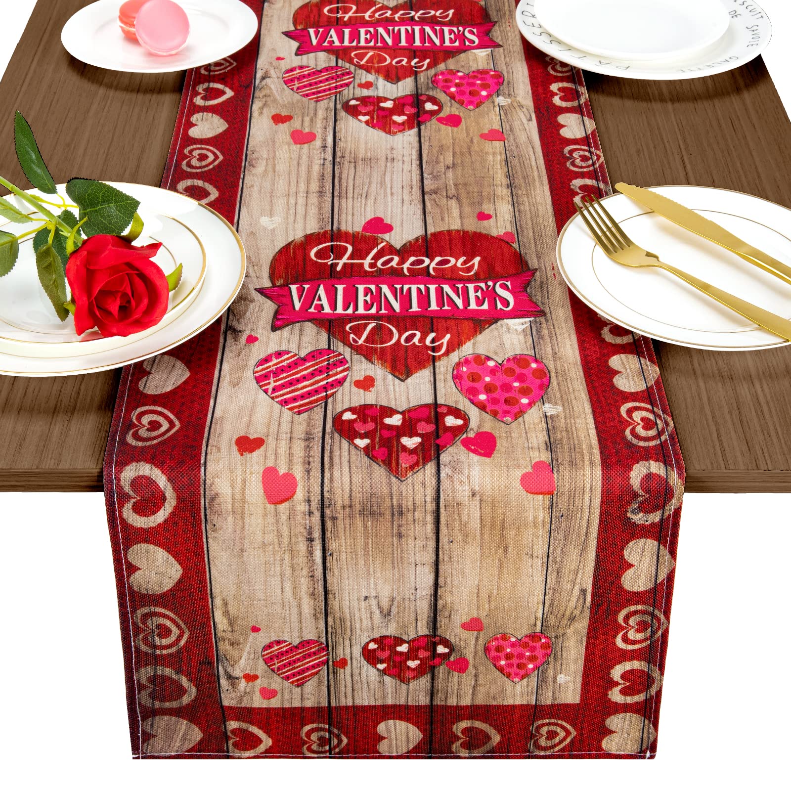Amazon.com: Whaline Happy Valentine's Day Table Runner Rustic Red Heart ...
