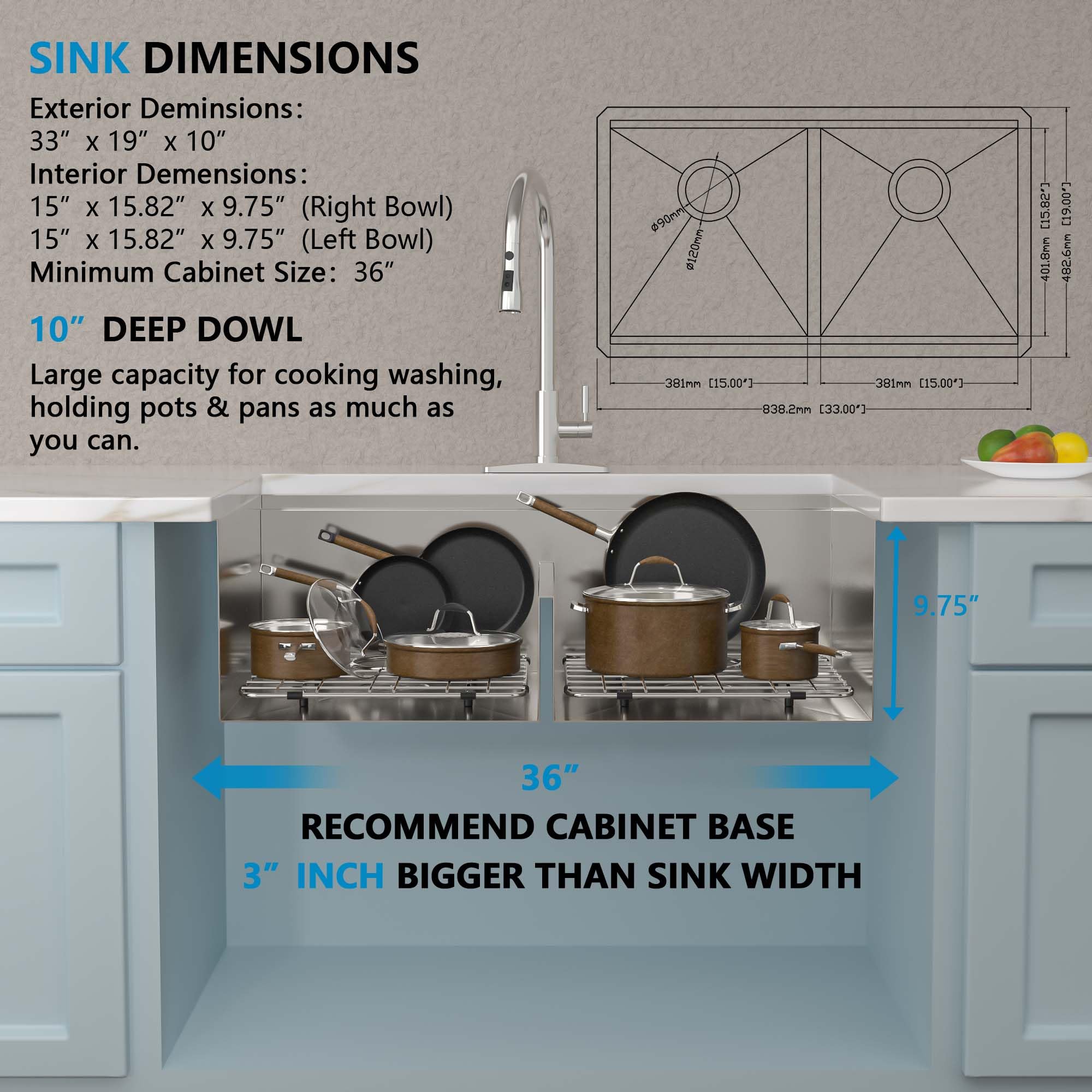 Snapklik.com : 33 Undermount Kitchen Sink Double Bowl - 33x19 Inch ...