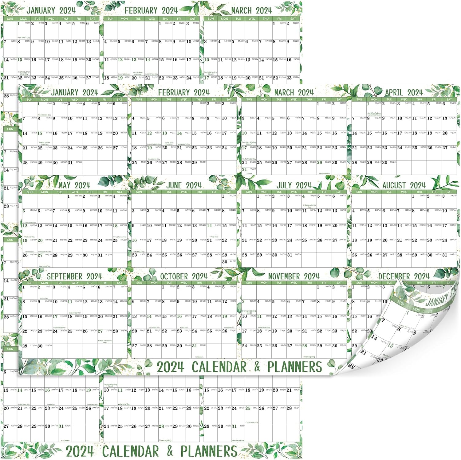 RUMIA 2pcs 2024 Yearly Wall Calendar Dry Erase for Wall, Greenery ...