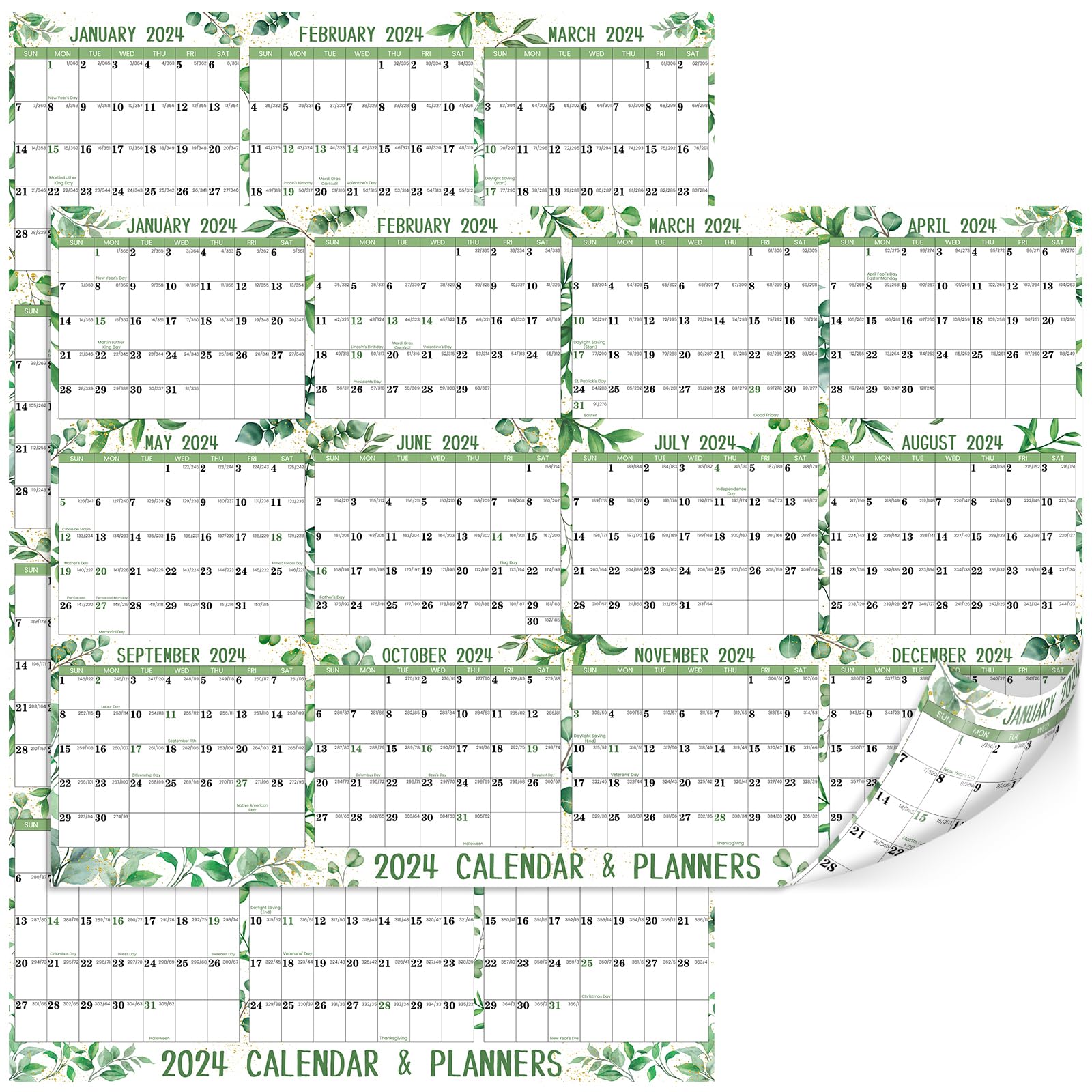 RUMIA 2pcs 2024 Yearly Wall Calendar Dry Erase for Wall, Greenery ...