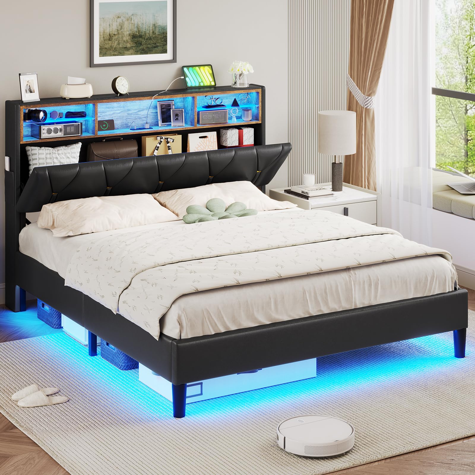 Amazon.com: ADORNEVE Full Size Bed Frame with LED Lights and Storage ...