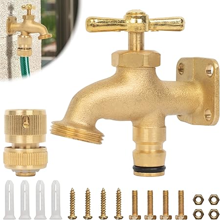 BLOSTM Solid Brass Hose Tap - Outside Tap Kit with Bib Tap, ½” Quick ...