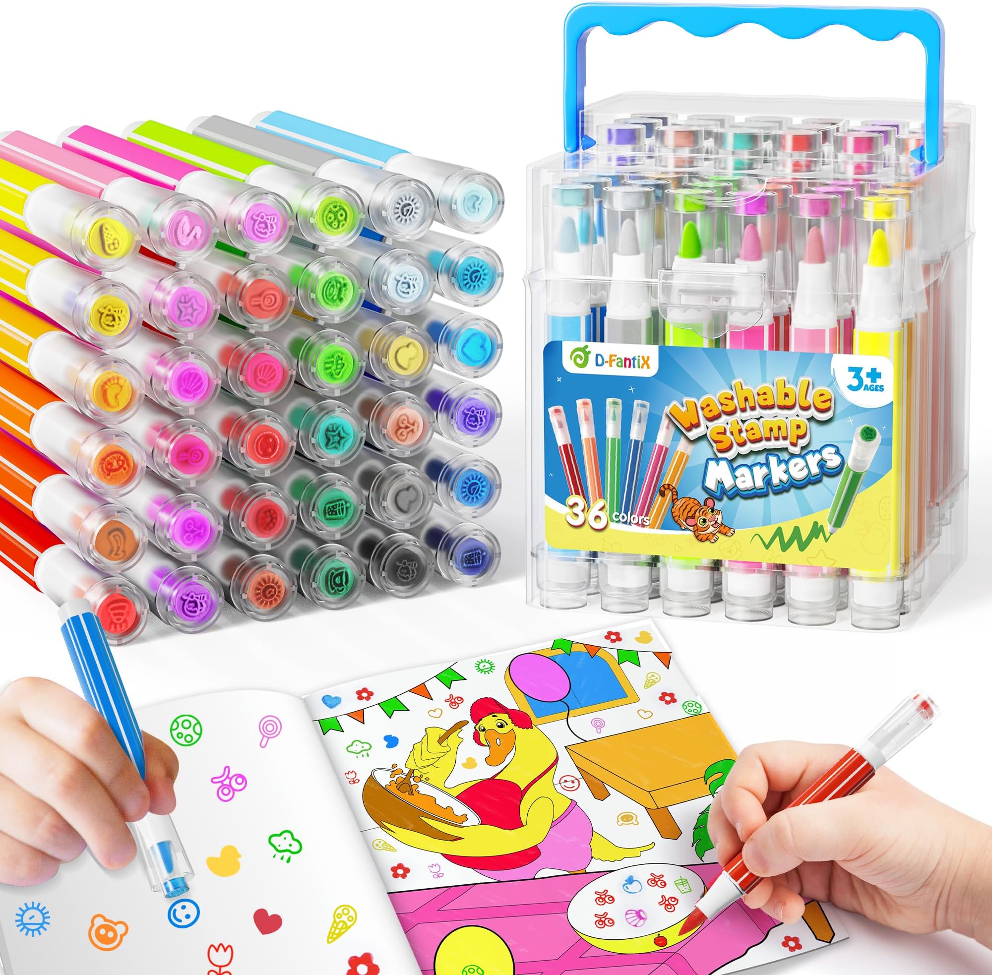 D-FantiX 36 Colors Washable Markers for Kids, Stamp Markers Coloring ...