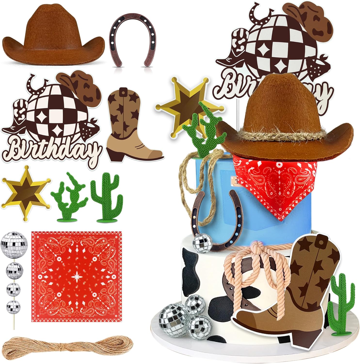 Amazon.com: Cowboy Birthday Cake Topper Cowboy Cowgirl Hat Scarf ...