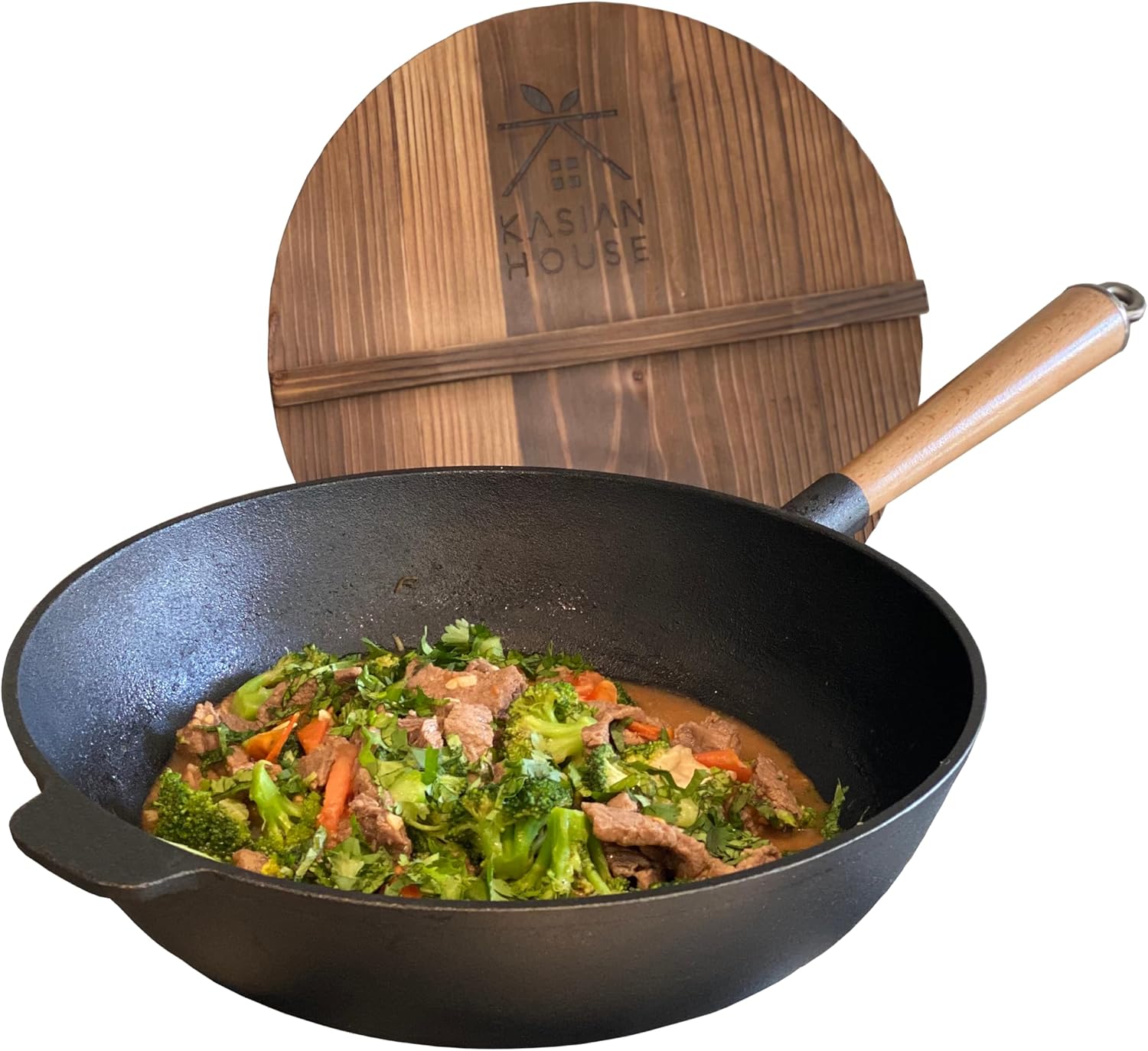Amazon.com: Kasian House Cast Iron Wok with Wooden Handle and Lid, Pre ...