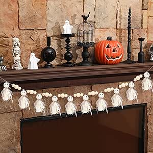 Amazon.com: Fanfanwin 7Ft Halloween Garland Cute Halloween Ghost with Wooden Beads Garlands ...