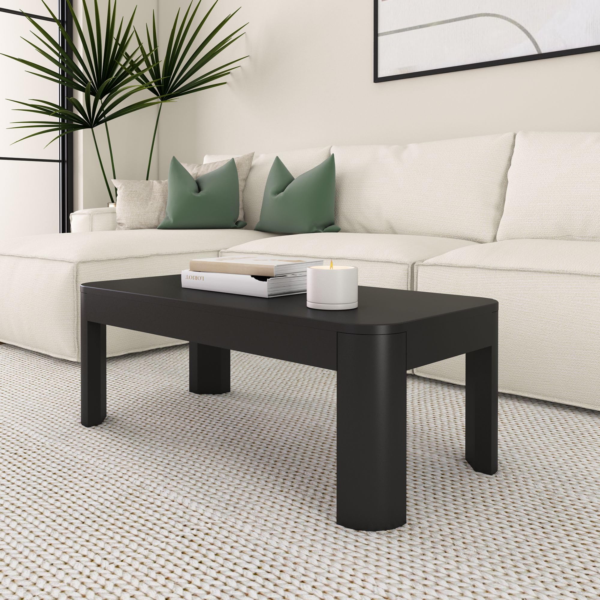 Plank+Beam Small Modern Rounded Coffee Table, 40 Inch, Solid Wood Contemporary Center Table for ...