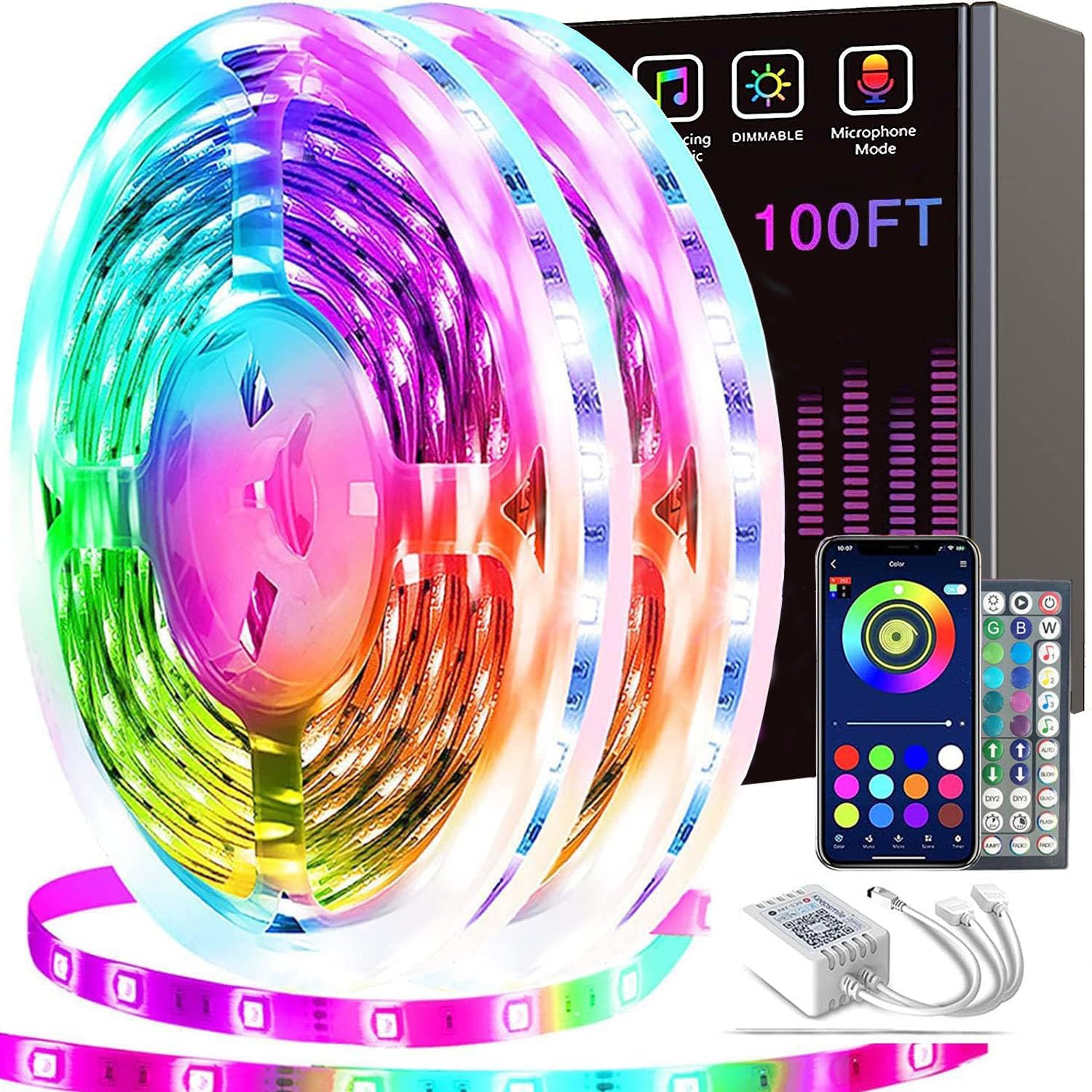 REEMEER Led Lights 100ft(2 Rolls of 50ft) Smart APP Control Music Sync ...