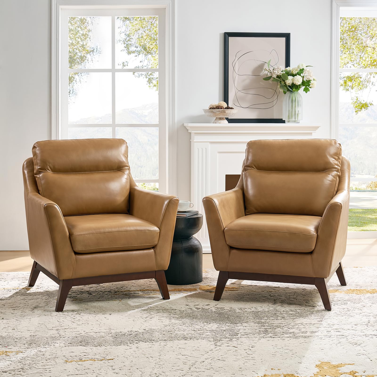 Amazon.com: HULALA HOME Genuine Leather Armchair Set of 2, Mid-Century ...