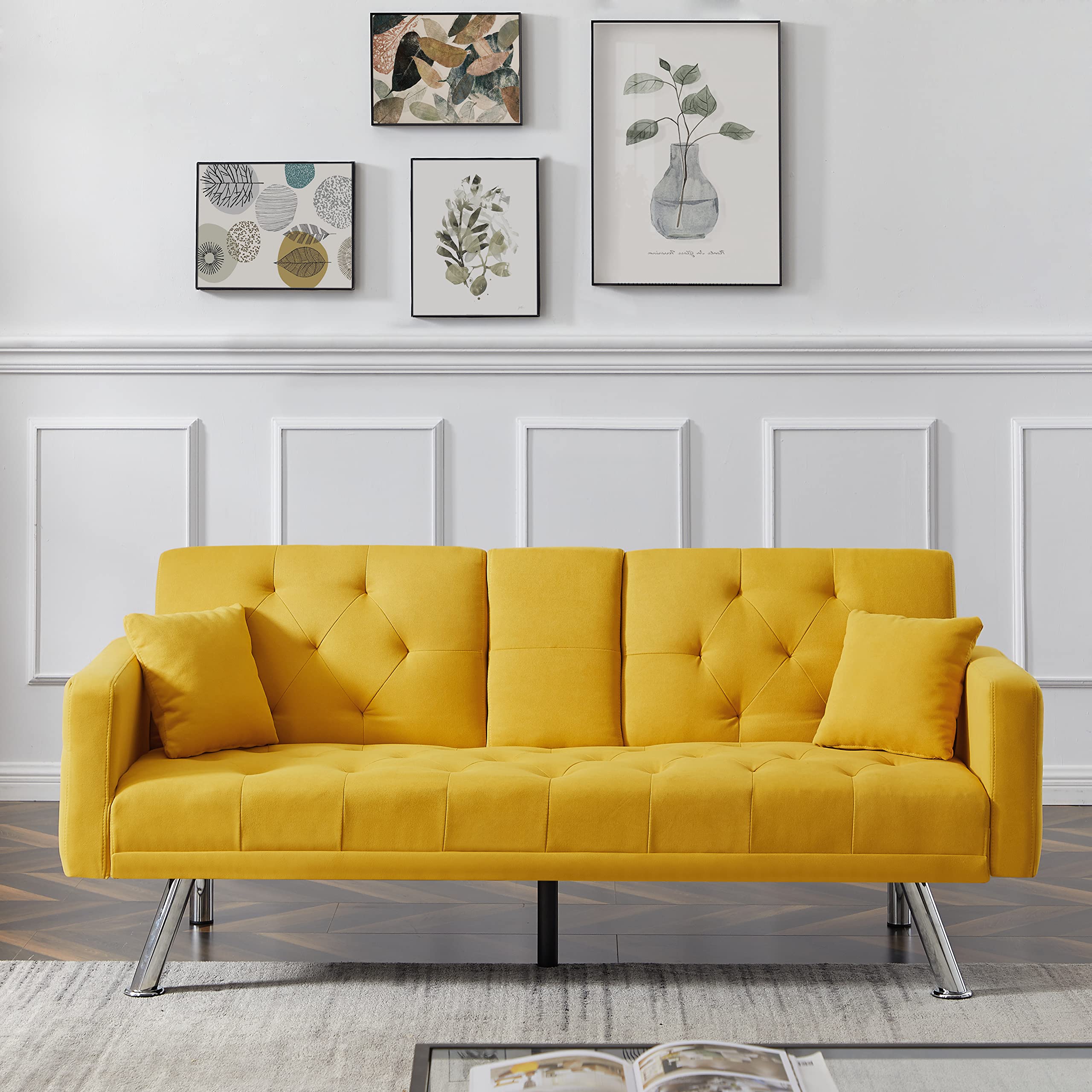 Eafurn Yellow Futon Couch,Convertible Sleeper Sofa Bed Daybed with 2 ...