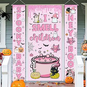 Amazon.com: Spooky Baby Banner - Pink Halloween Decorations - Happy BOO ...