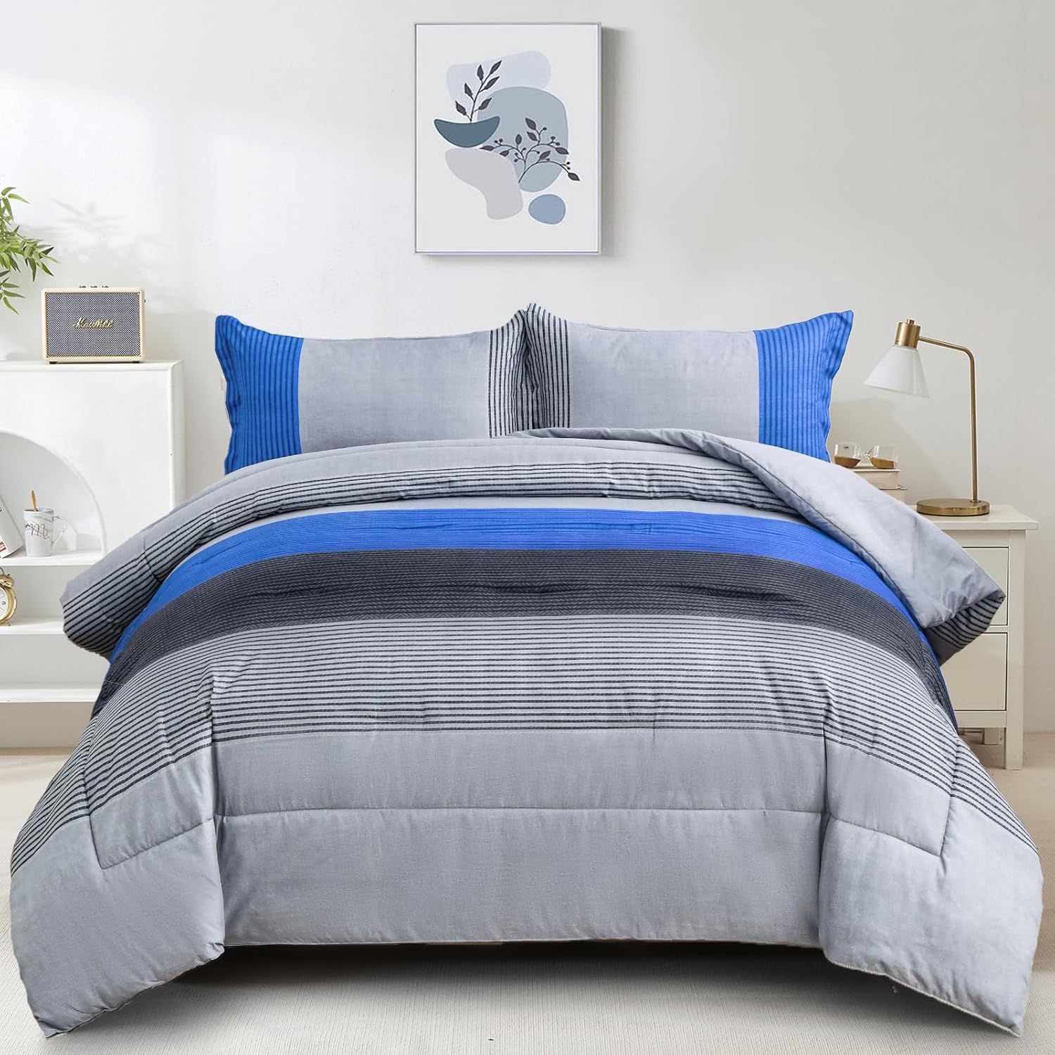 Amazon.com: WONGS BEDDING Blue Comforter Set Queen, Reversible Blue ...