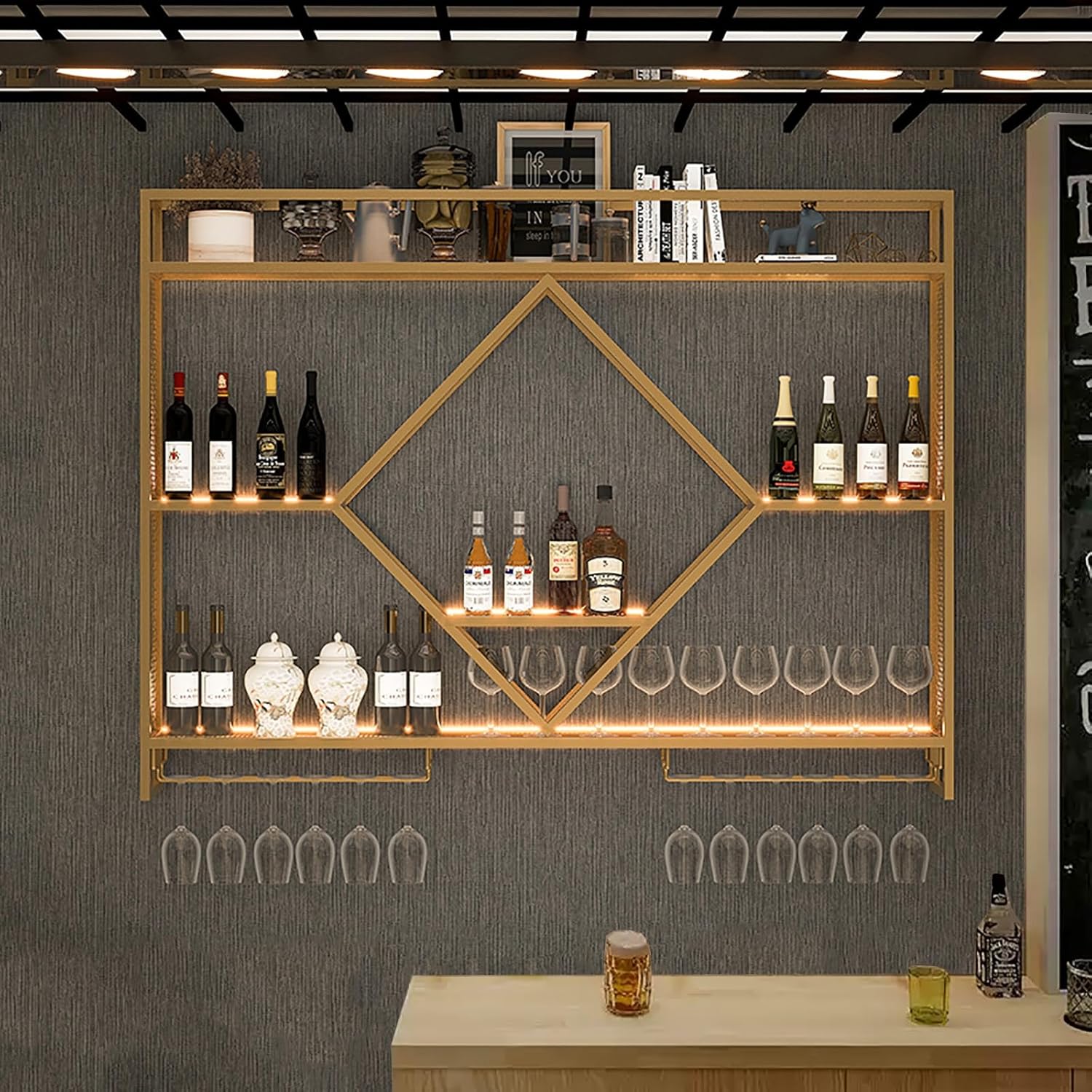 Wine Storage Rack Wall Mounted With Hanging Glass Holder, Metal Bar ...