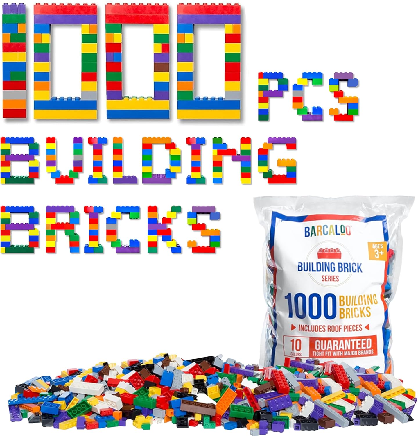 Barcaloo 1000 Piece Building Bricks Play Set, 10 Classic Colors Bulk ...