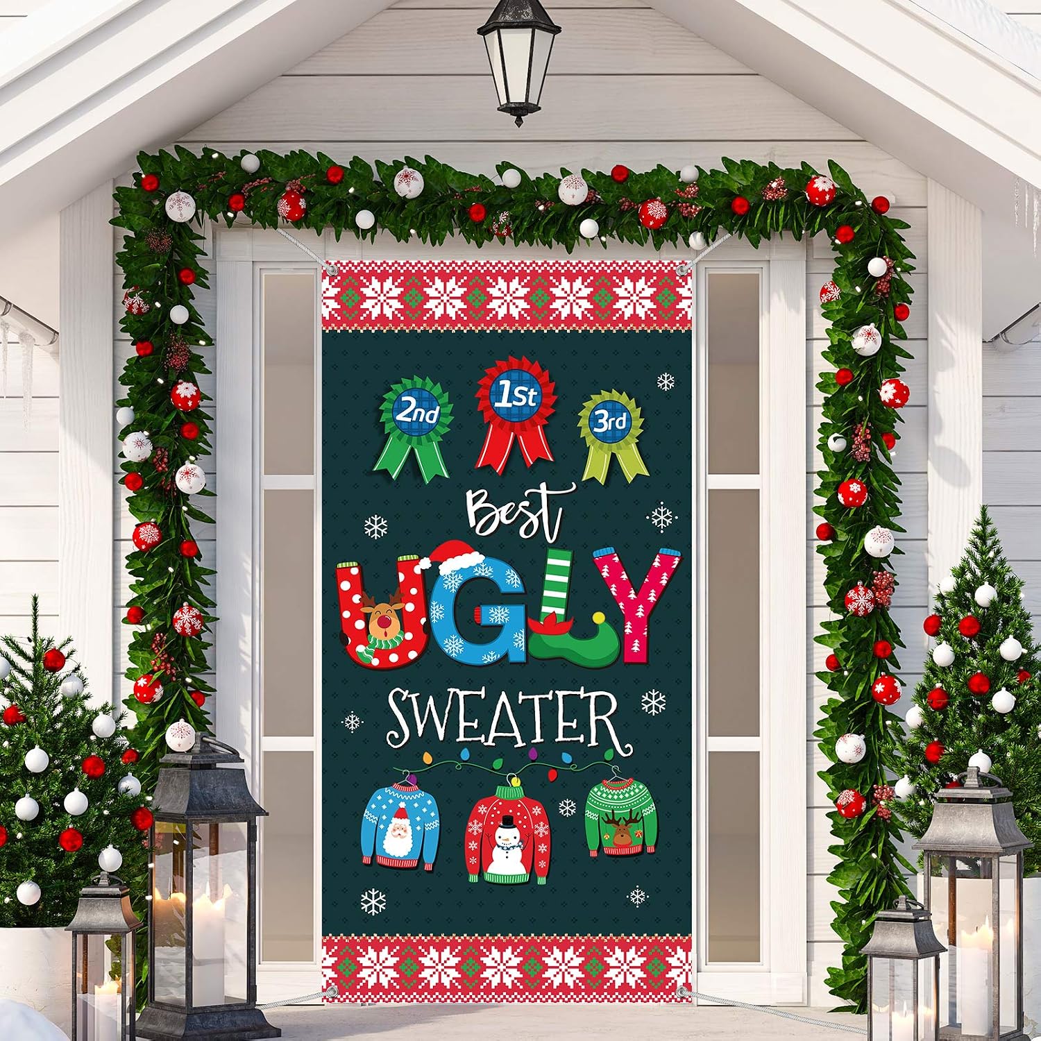Amazon.com: Ugly Sweater Party Decoration Fabric Christmas Door Banner ...
