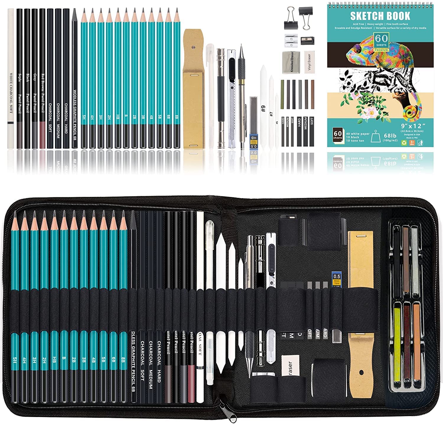 Kalour Sketching Drawing Kit(50 Pieces) - 9" X 12" Sketch Pad - Premium ...