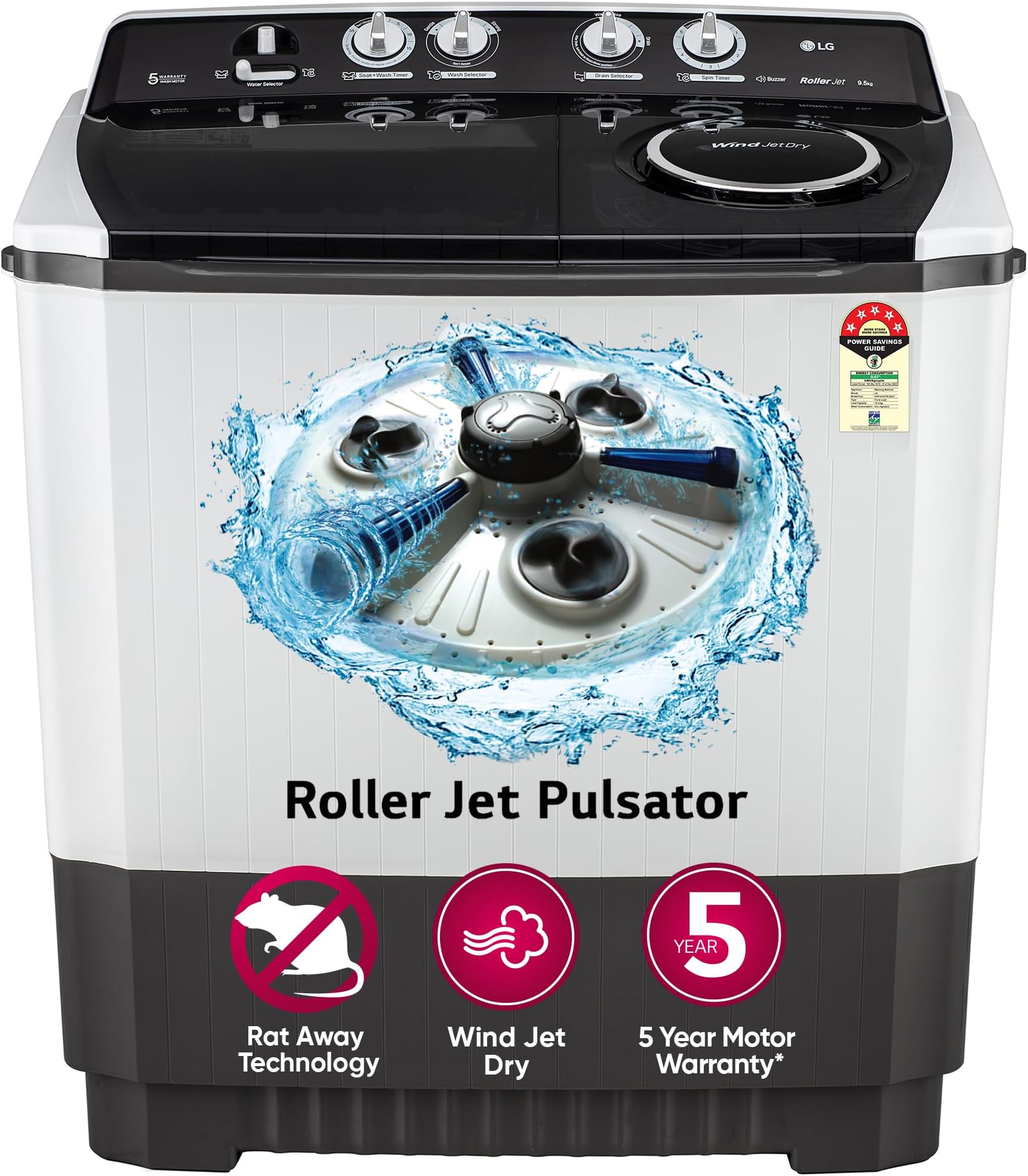 LG 9.5 kg 5 Star Wind jet dry Semi-Automatic Top Load Washing Machine ...