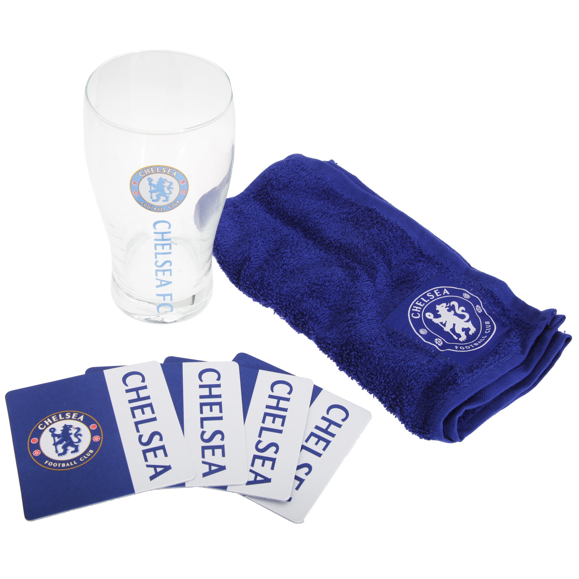 Chelsea FC Official Wordmark Mini Football Bar Set (Pint Glass, Towel ...