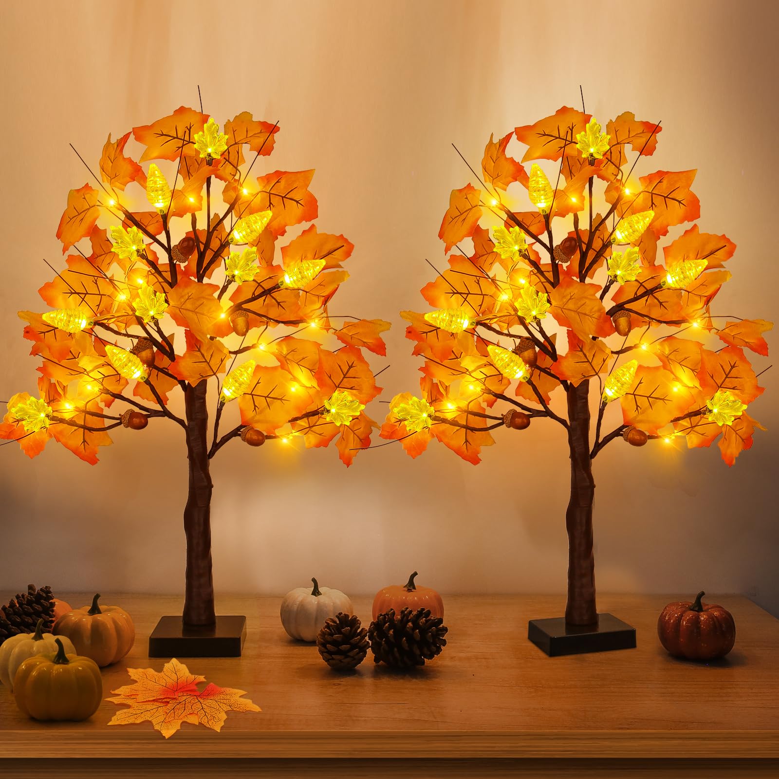 Amazon.com: 2 Pack Prelit Fall Maple Tree Thanksgiving Decorations with ...