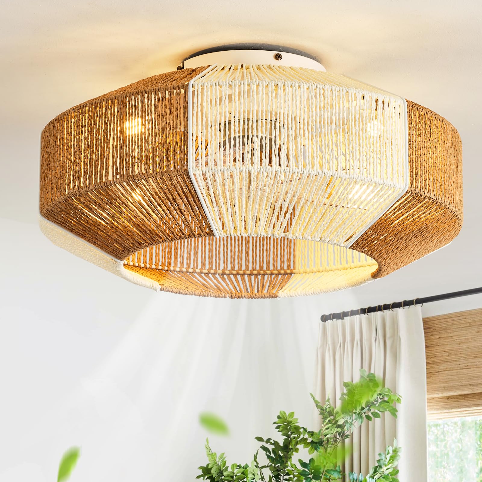 hummingbird 20Inch Flush Mount Boho Ceiling Fans with Lights, Rattan ...