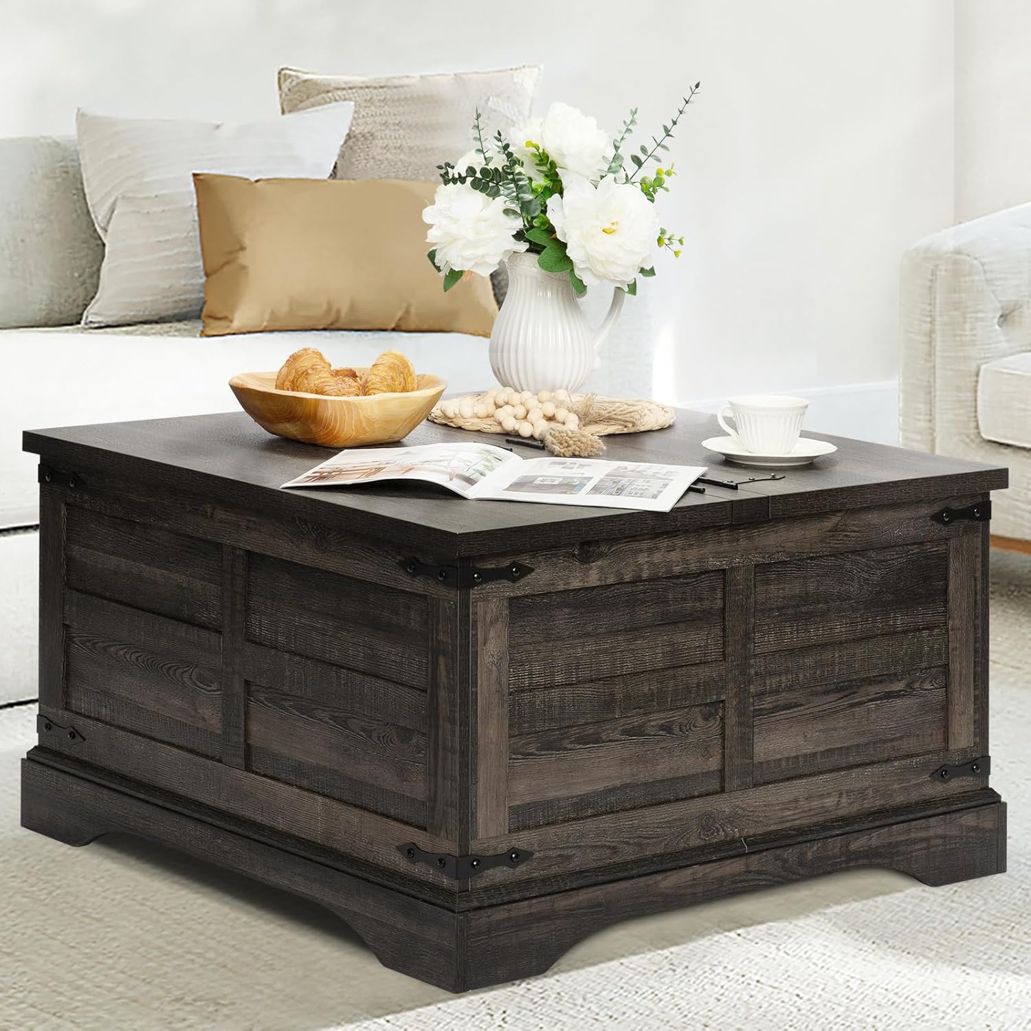 Wnutrees Table basse rustique avec plateau relevable à charnière et ...