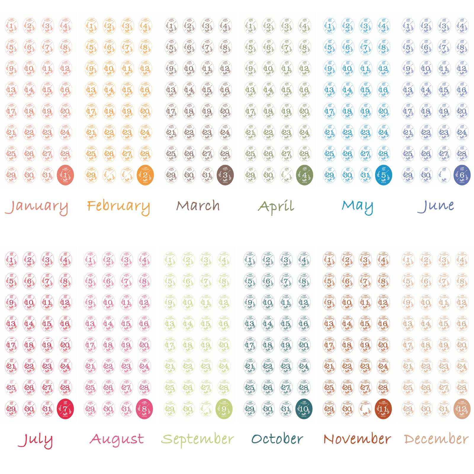 Organization Sticker Pack 12 Monthly Calendar Date Stickers - Black ...