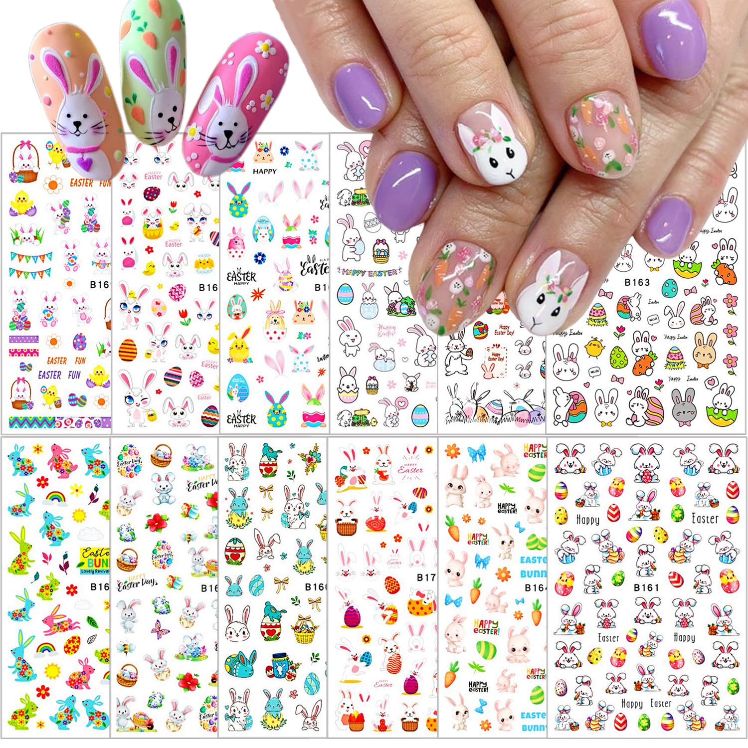 Amazon.com: 12 Sheets Easter Nail Stickers 3D Cute Bunny Nail Decals ...