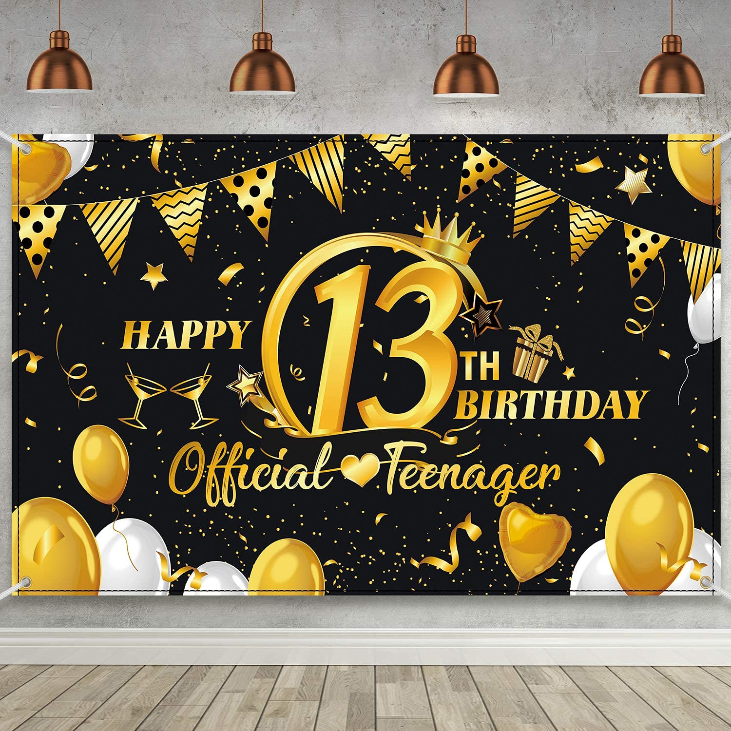 Buy 13th Birthday Black Gold Party Decoration, Extra Large Fabric Sign ...