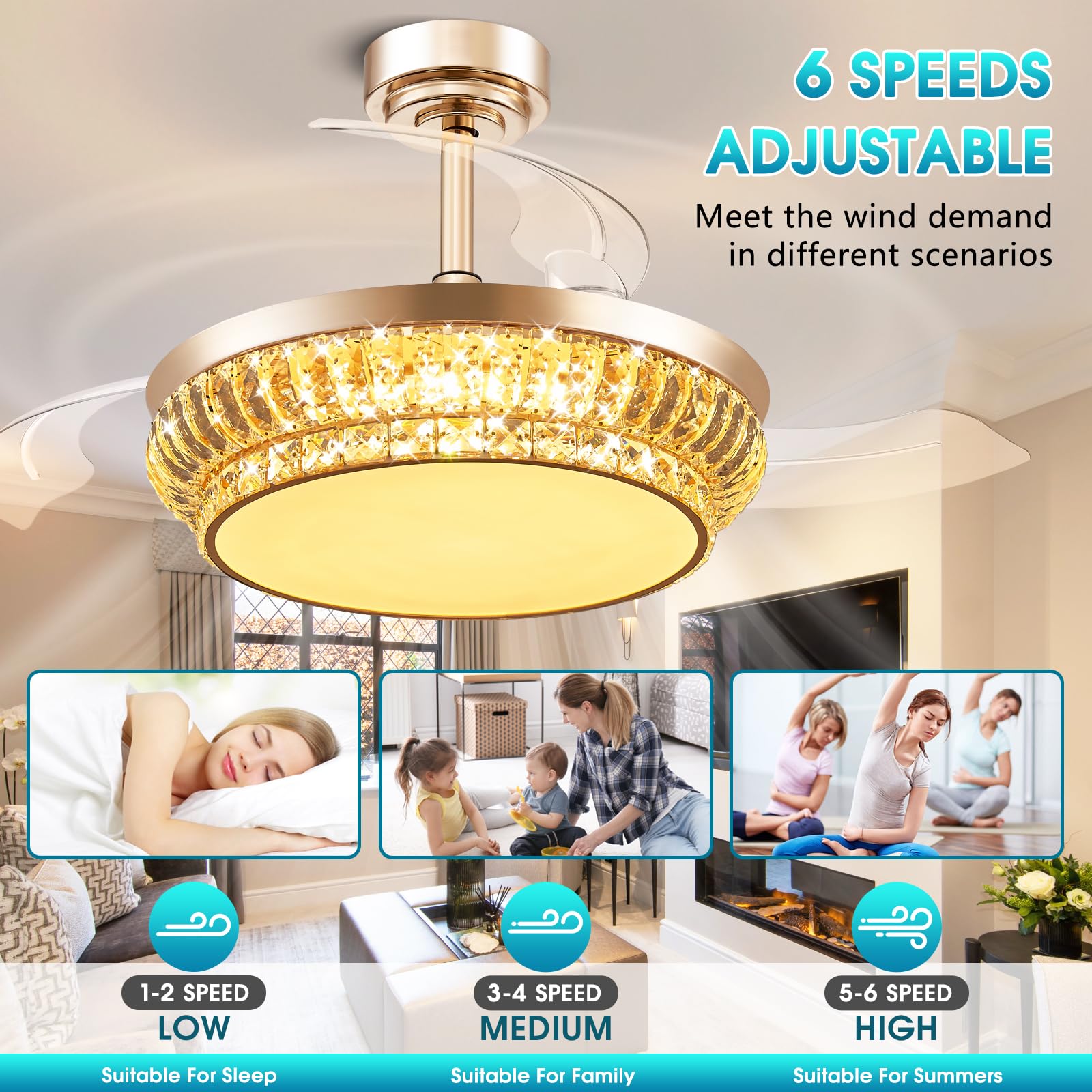 Snapklik.com : 42 Inch Crystal Retractable Ceiling Fan