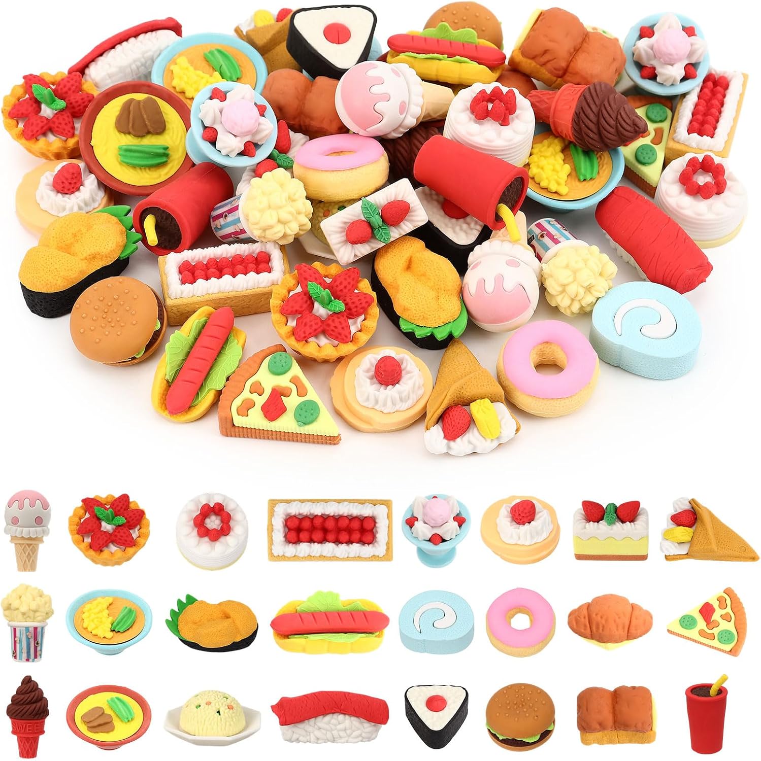 Amazon.com: 24 Pcs Mini Food Erasers, 3D Fruit Cake Dessert Pencil ...
