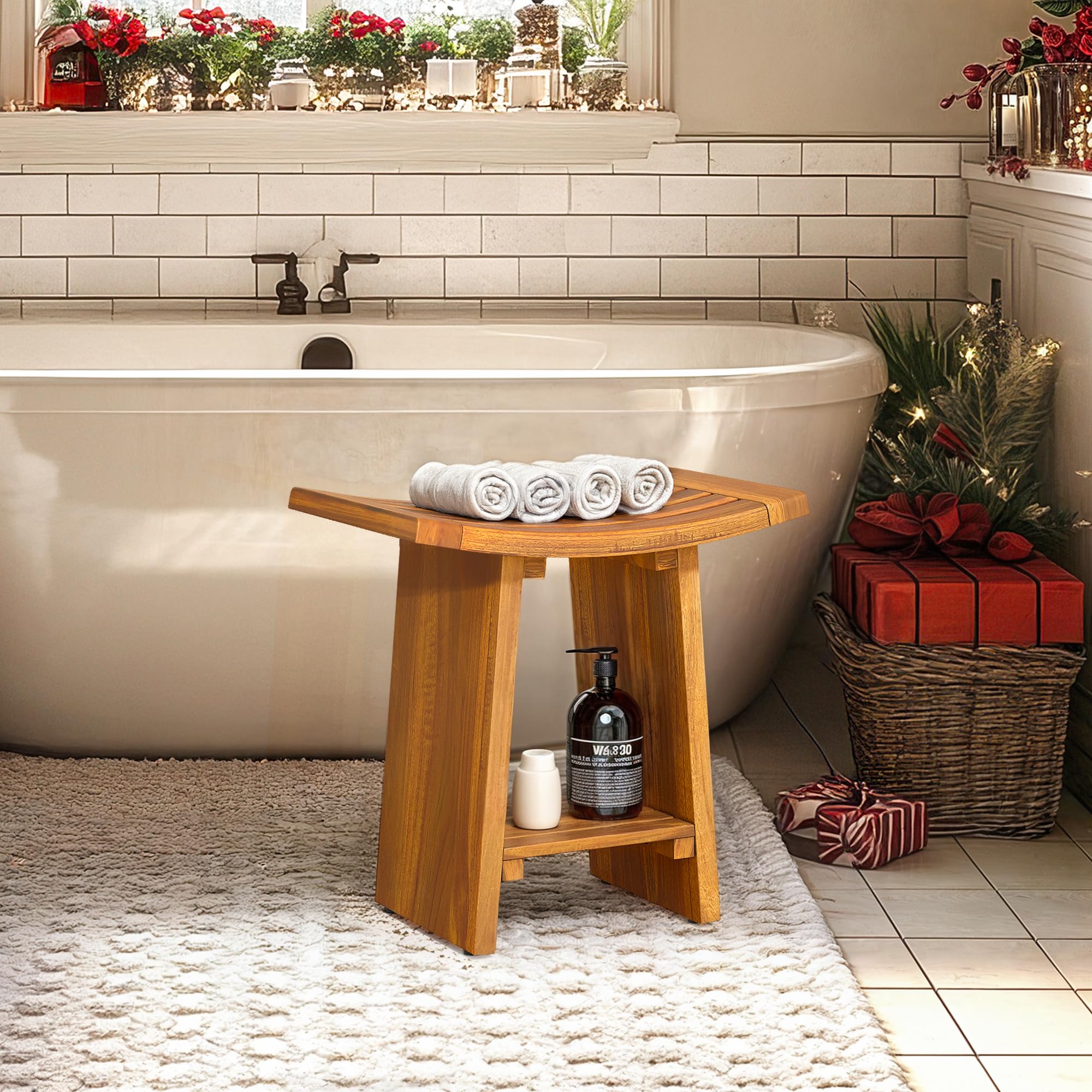 DWVO Teak Shower Bench with Storage Shelf for Shaving Legs Foot Rest ...