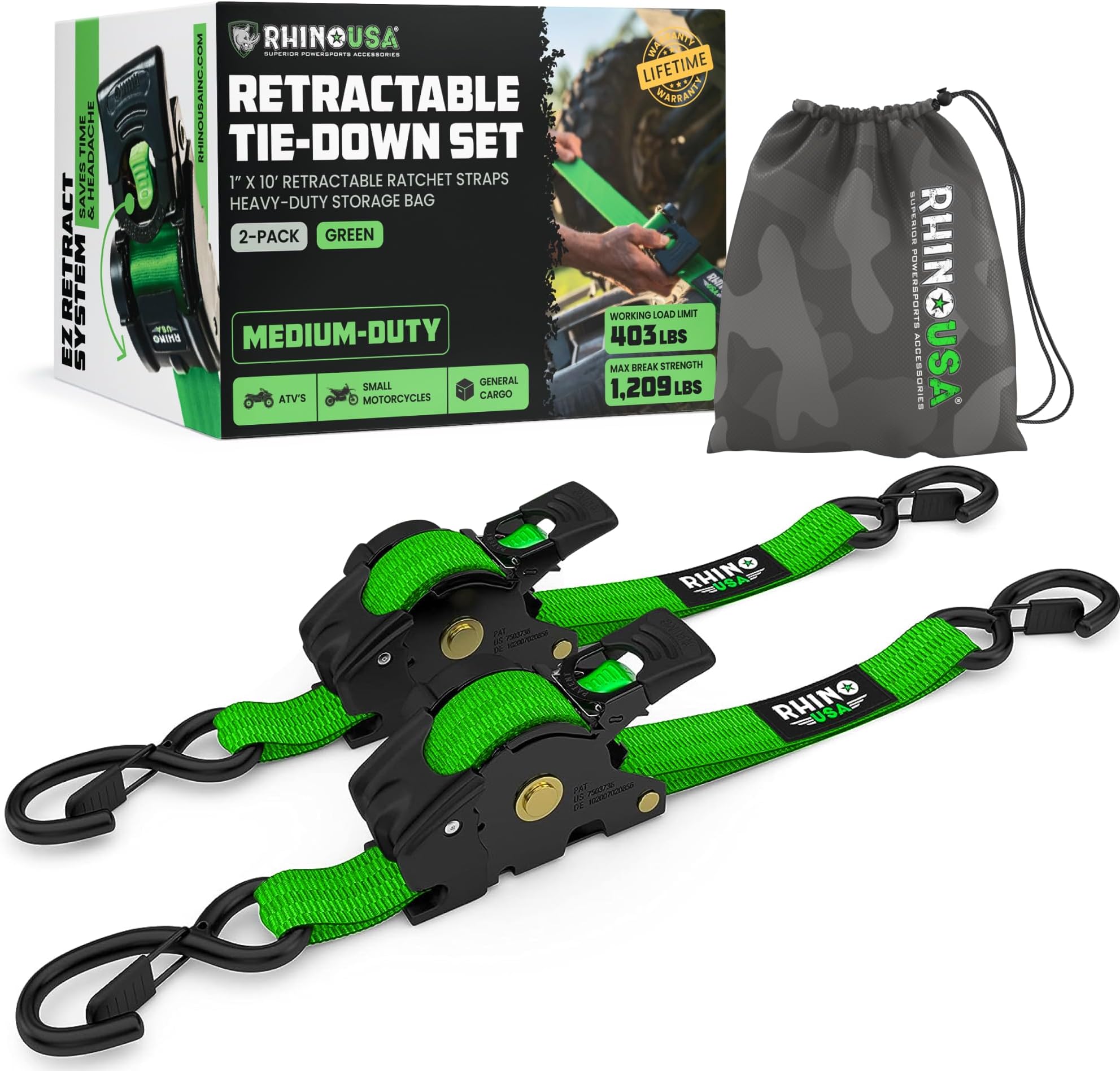 Rhino USA Retractable Ratchet Tie Down Straps (2PK) - 540kg Guaranteed Max Break Strength ...