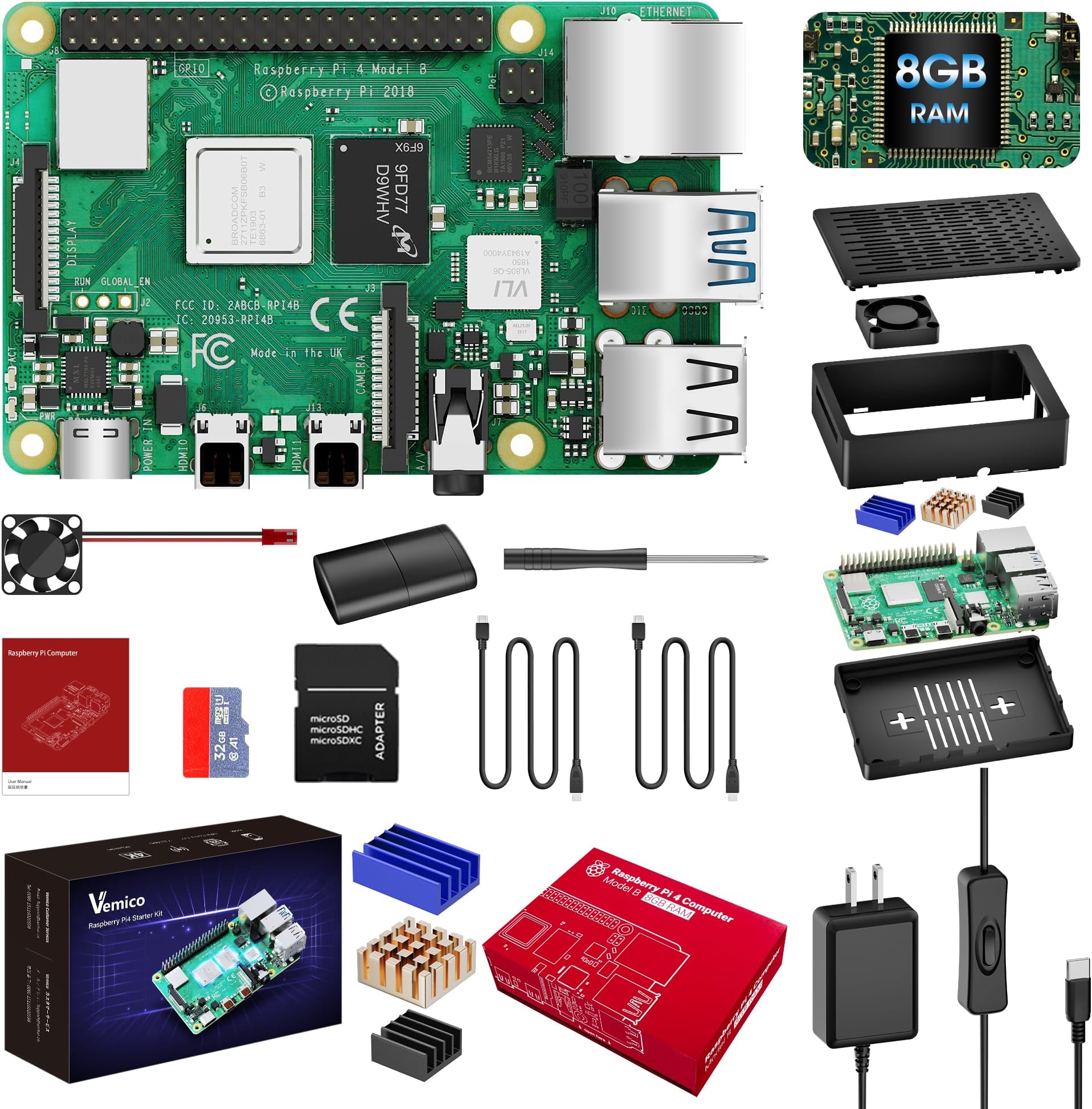 Amazon.com: RasTech Raspberry Pi 4 8GB Starter Kit 8GB RAM with 32GB ...