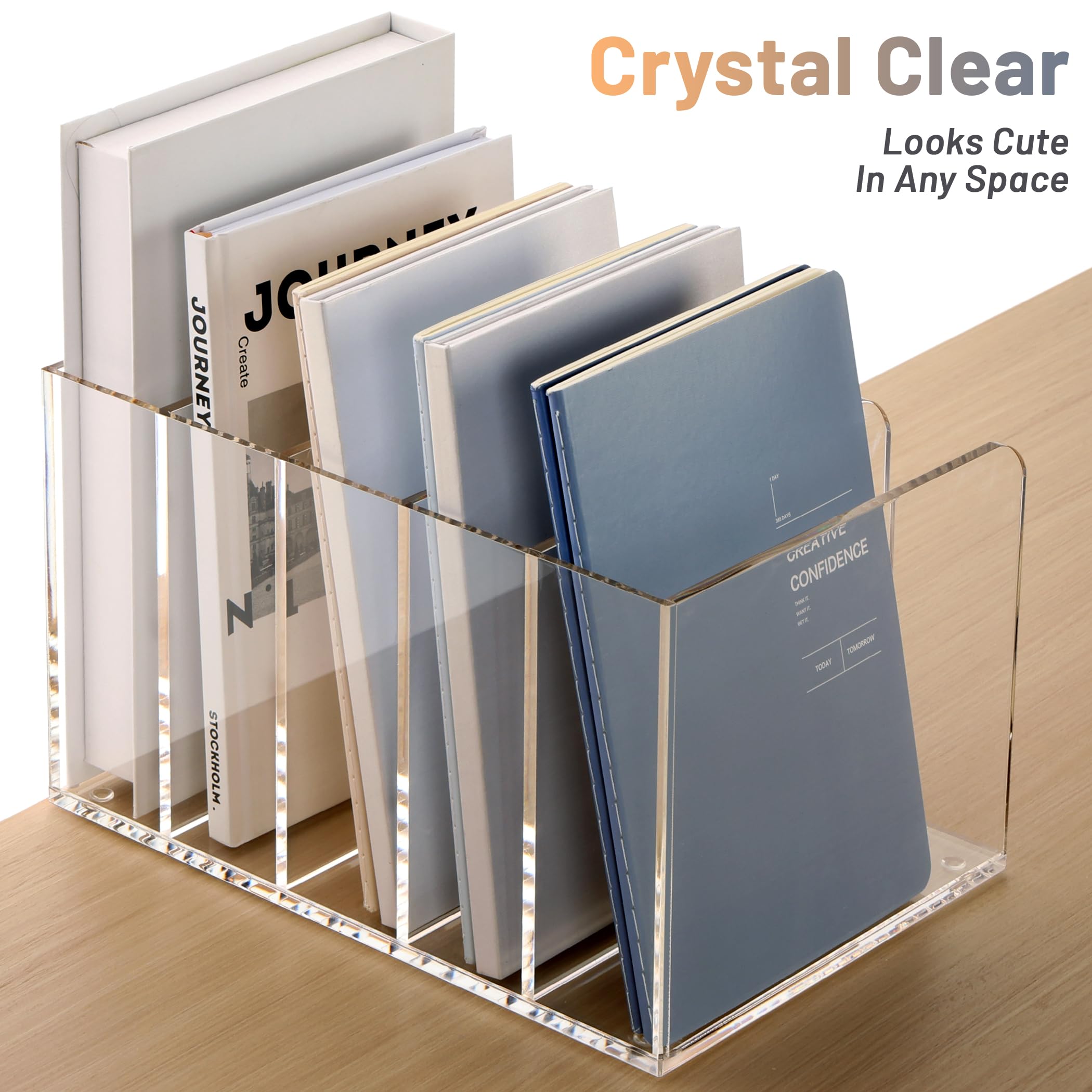 SANRUI Acrylic Desk File Organizer, 5 Vertical Compartments Clear ...
