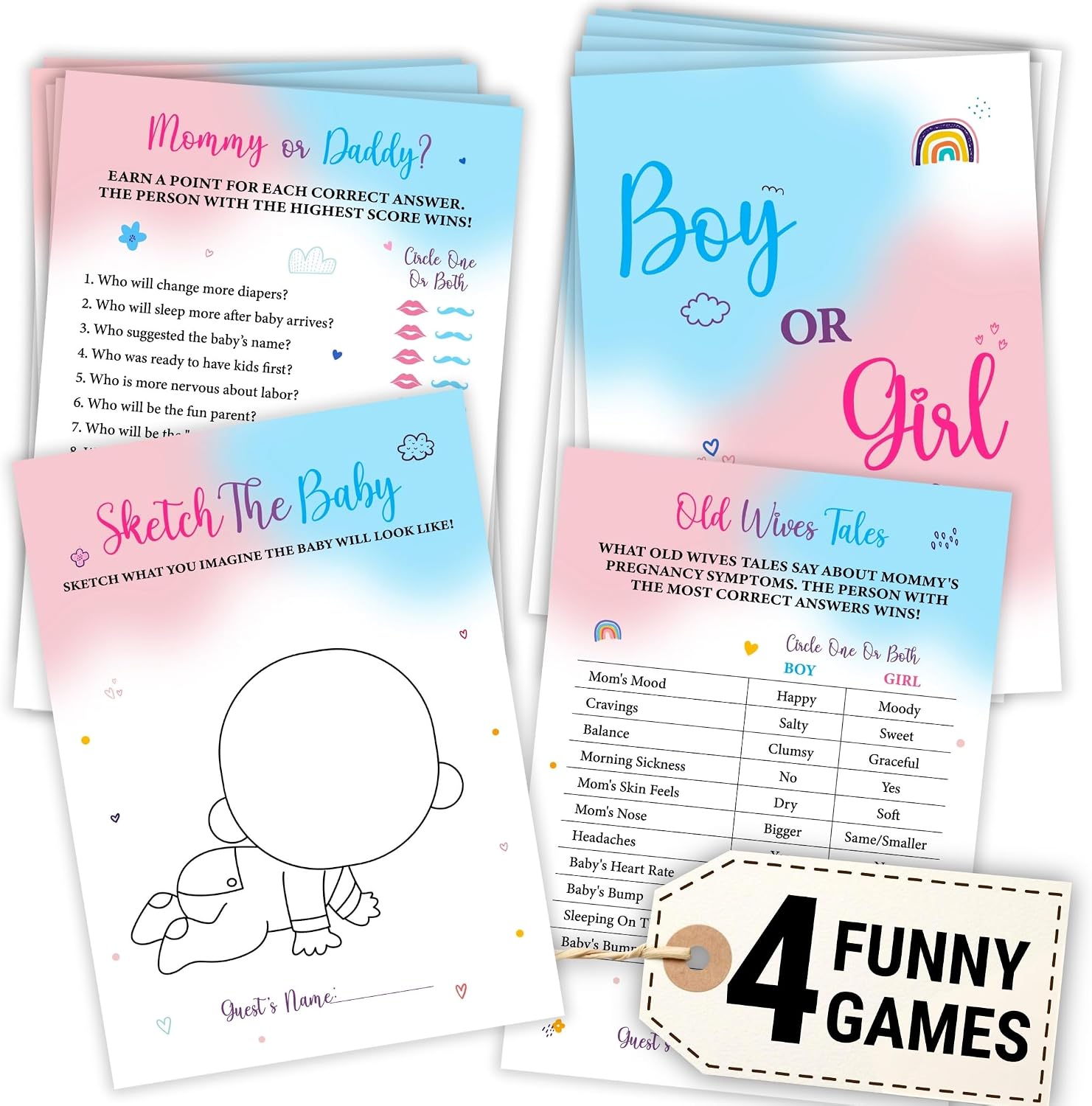 Amazon.com: WOODAMORE Baby Gender Reveal Games for Guests - 4 Funny ...