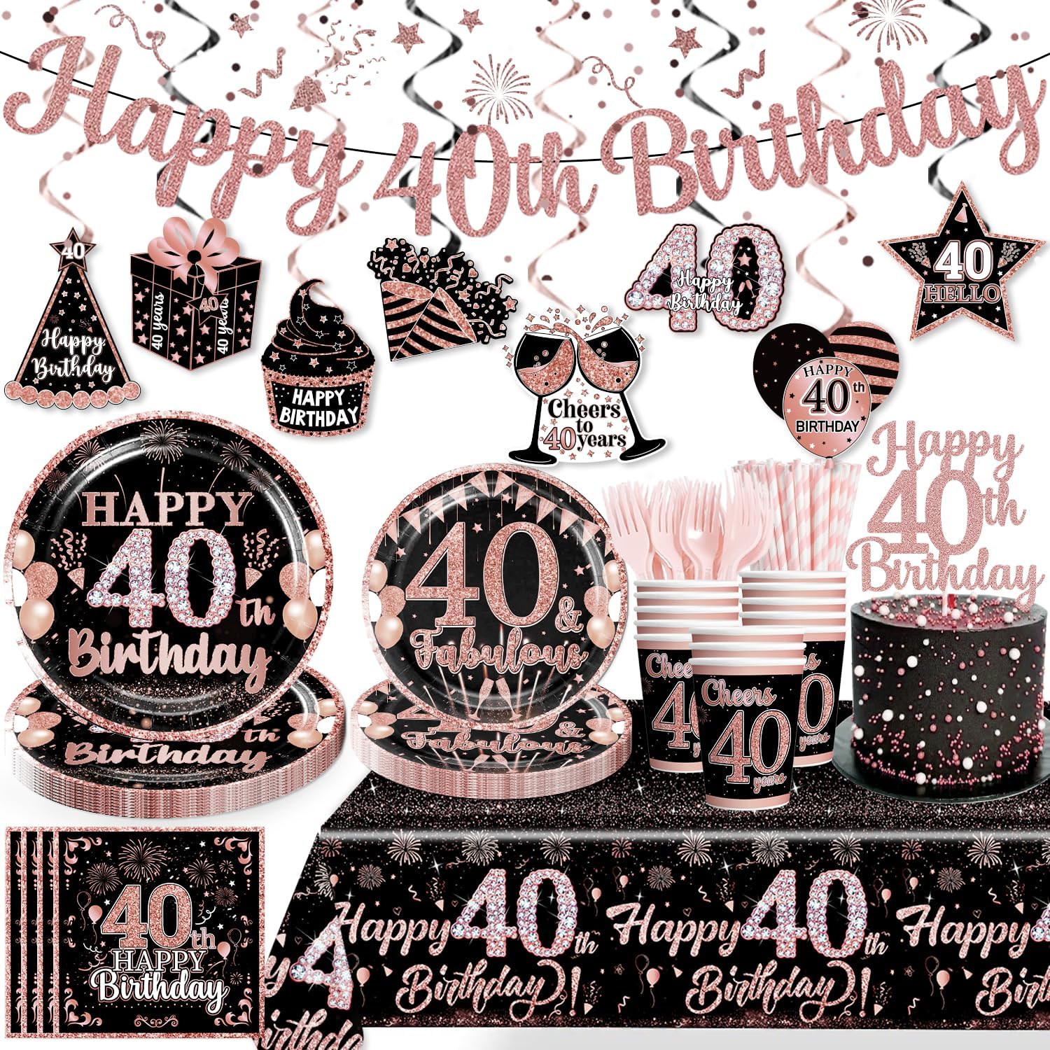 Amazon.com: Yingoto 155pcs Rose Gold & Black 40th Birthday Decorations ...