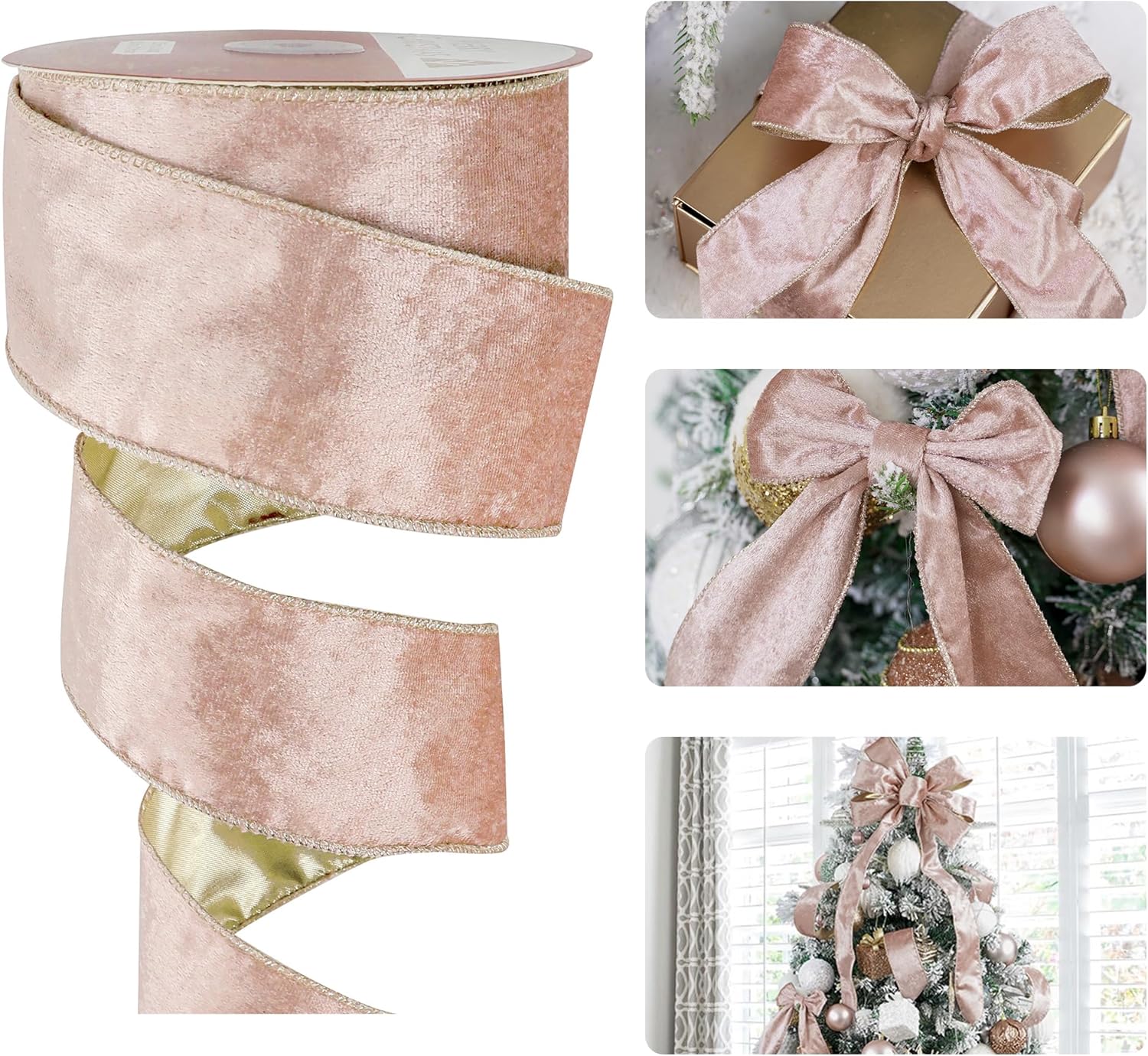 Amazon.com: HUIHUANG Rose Gold Velvet Wired Ribbon with Gold Backing ...