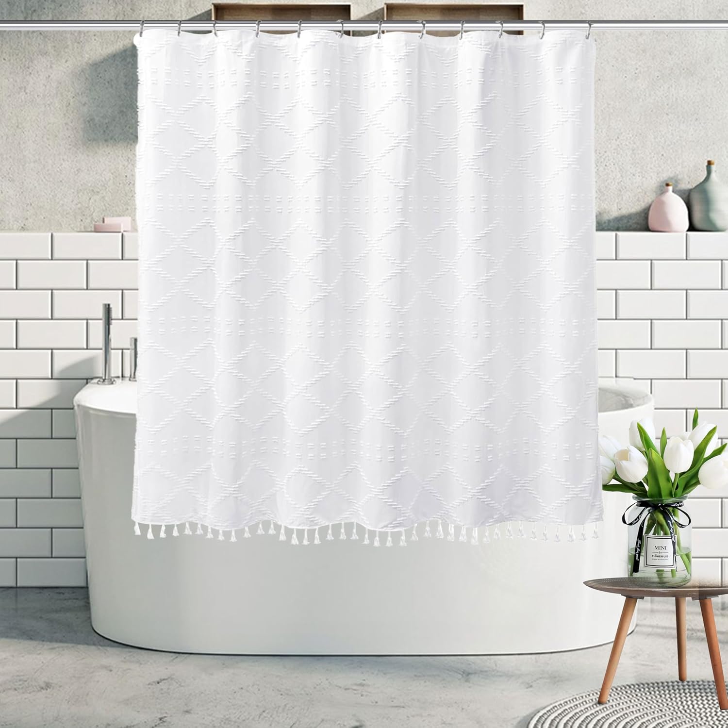 Amazon.com: Boho White Woven Fabric Short Shower Curtain with Tassels ...